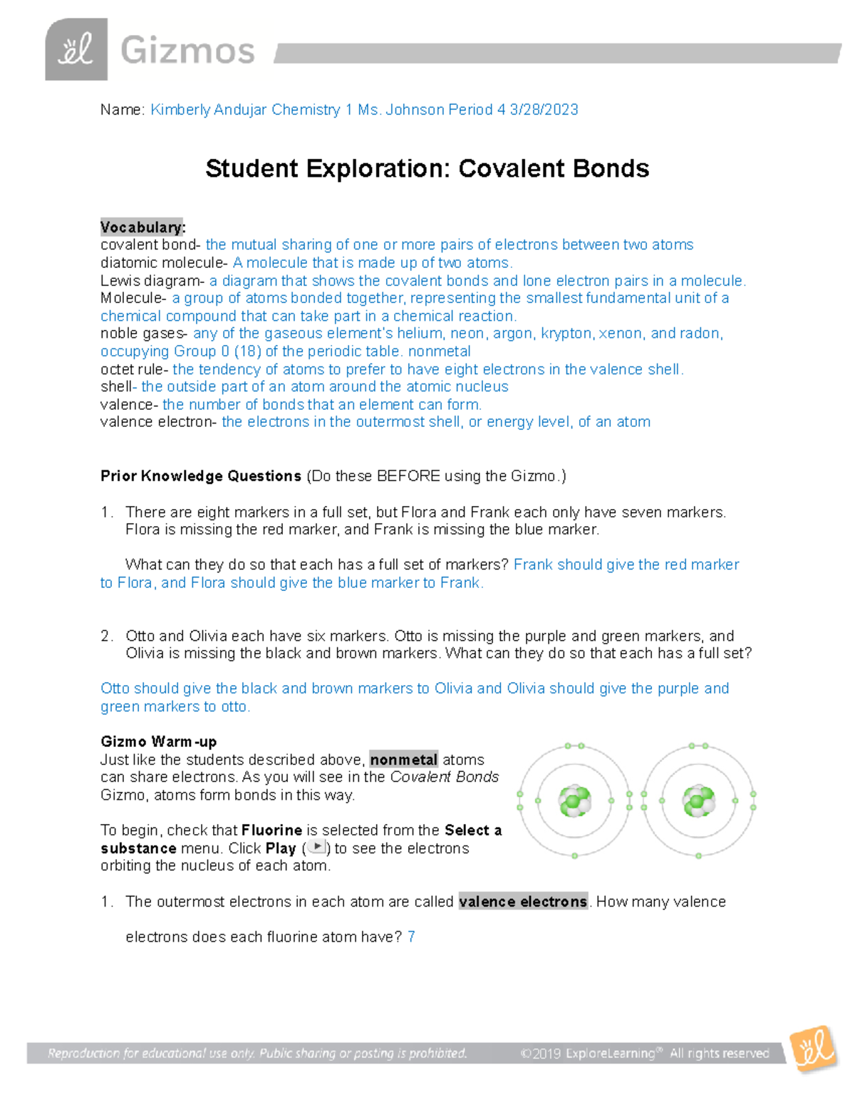 Covalent Bonds Exploration for Chemistry 1 (Ms. Johnson) - Studocu