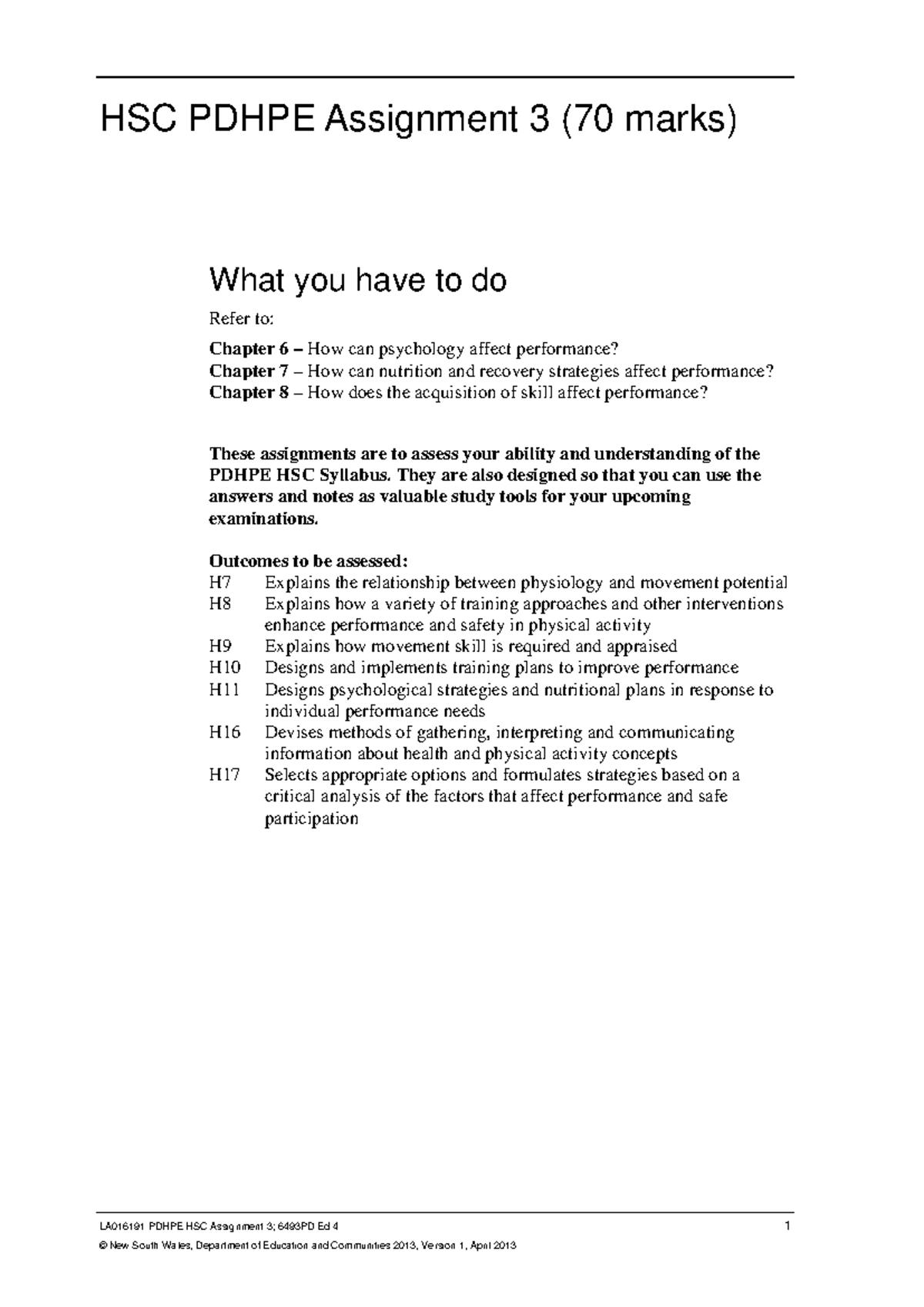 LA016191 PDHPE HSC Assignment 3 - Performance & Skill Development Ed4 ...