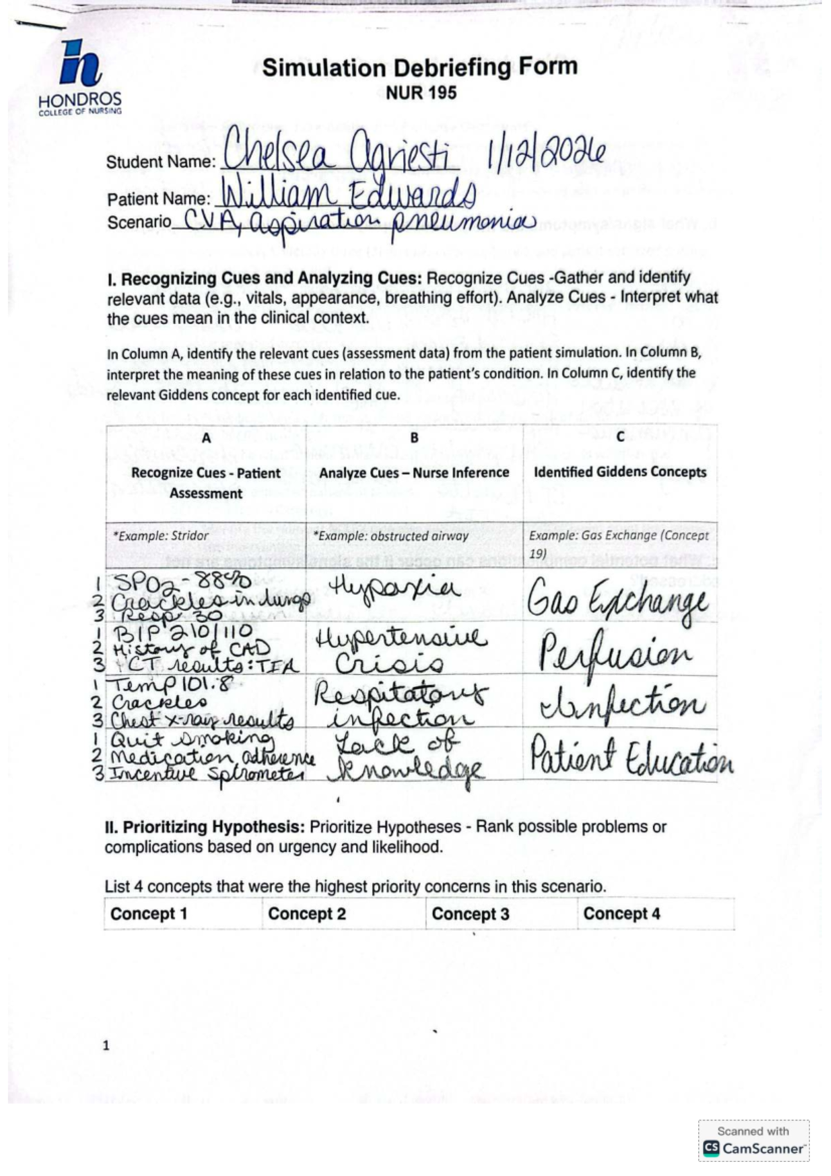 Simulation Debriefing Form for HONDROS NUR 195: Patient Case Analysis ...