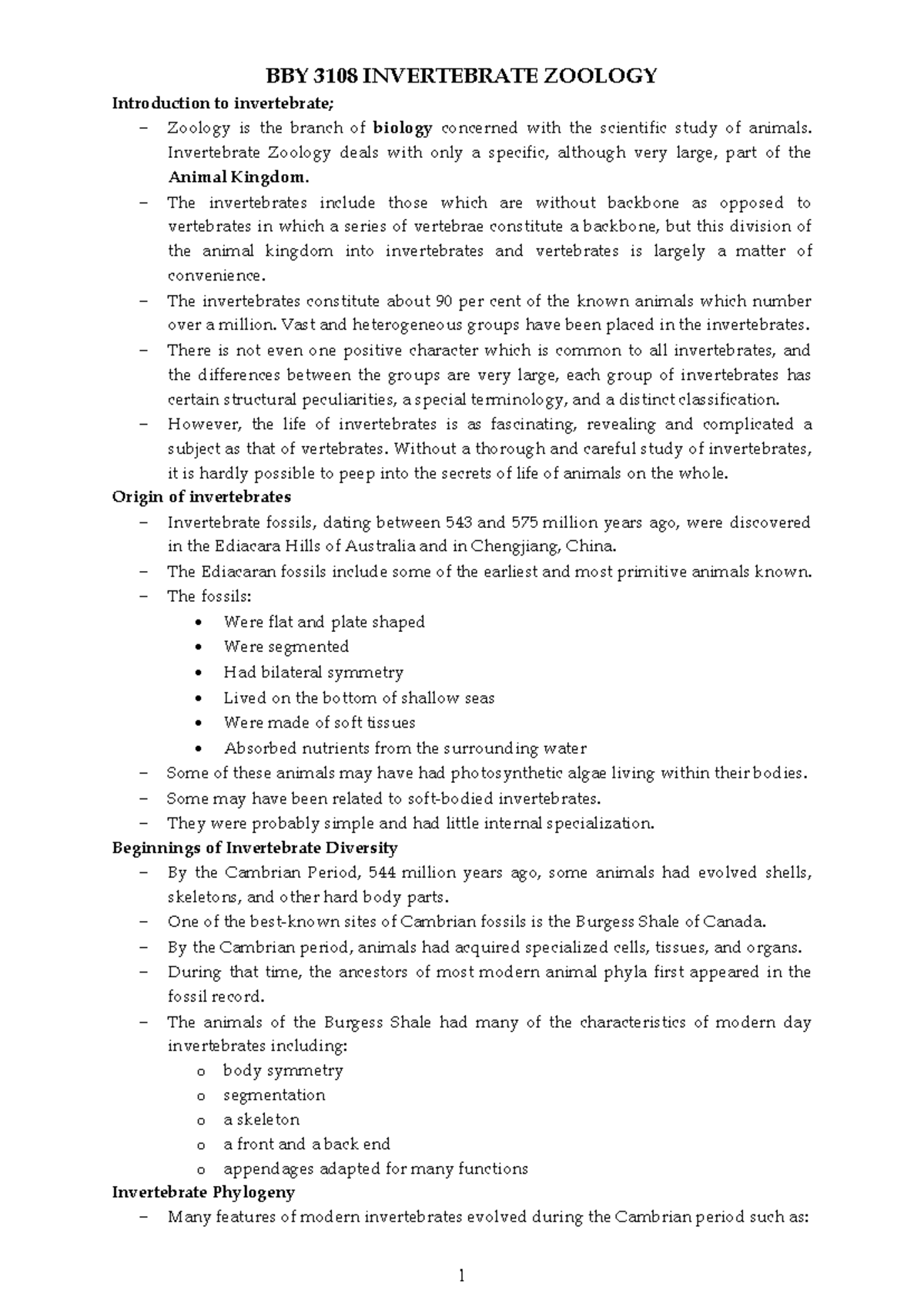 BBY 3108 Invertebrate Zoology Lecture Notes and Key Concepts - Studocu