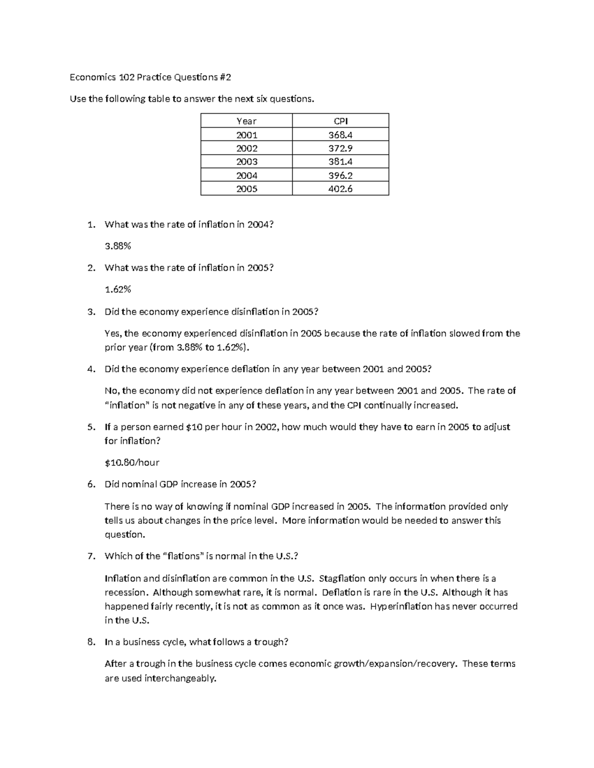 Economics 102 Practice Questions #2: Inflation Analysis and Solutions ...