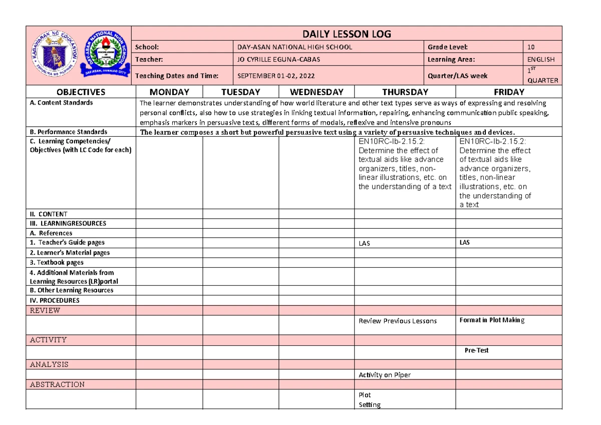 DepEd DLL Grade 9 English: Modals Lesson Plan (Week 1) - Studocu