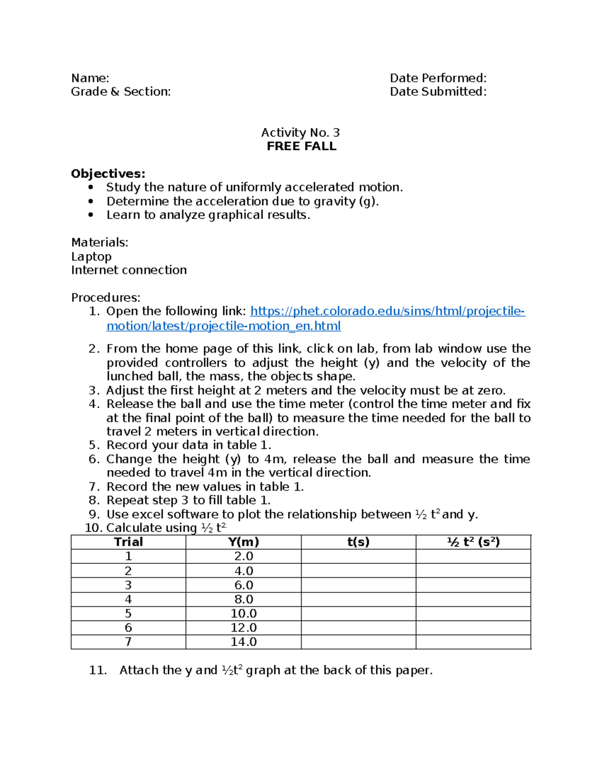 Free Fall Lab Report - Analyzing Gravity's Acceleration - Studocu