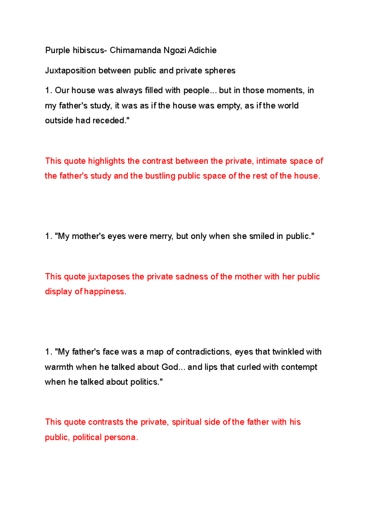 Purple Hibiscus (ENG 101) Juxtaposition Quotes Analysis - Studocu