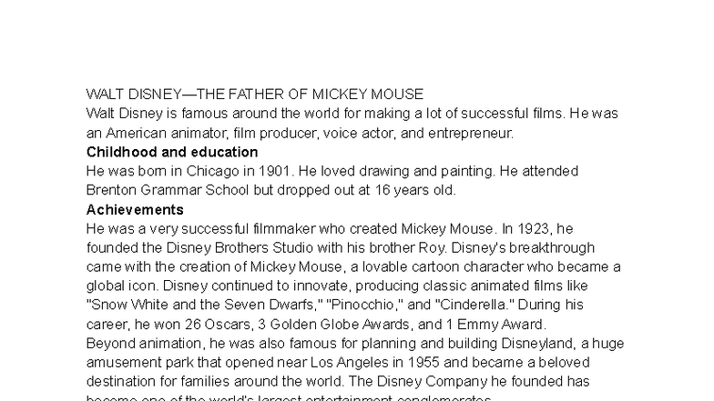 Walt Disney writing - tiếng anh - WALT DISNEY—THE FATHER OF MICKEY ...