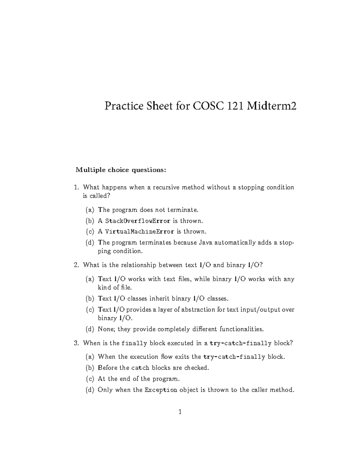 Midterm 2 Practice Sheet for COSC 121: Multiple Choice Questions - Studocu