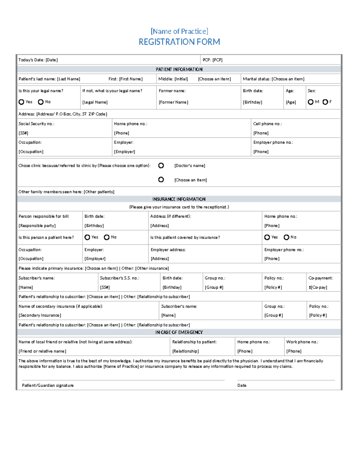 Patient Registration Form - [Name of Practice] REGISTRATION FORM Today ...