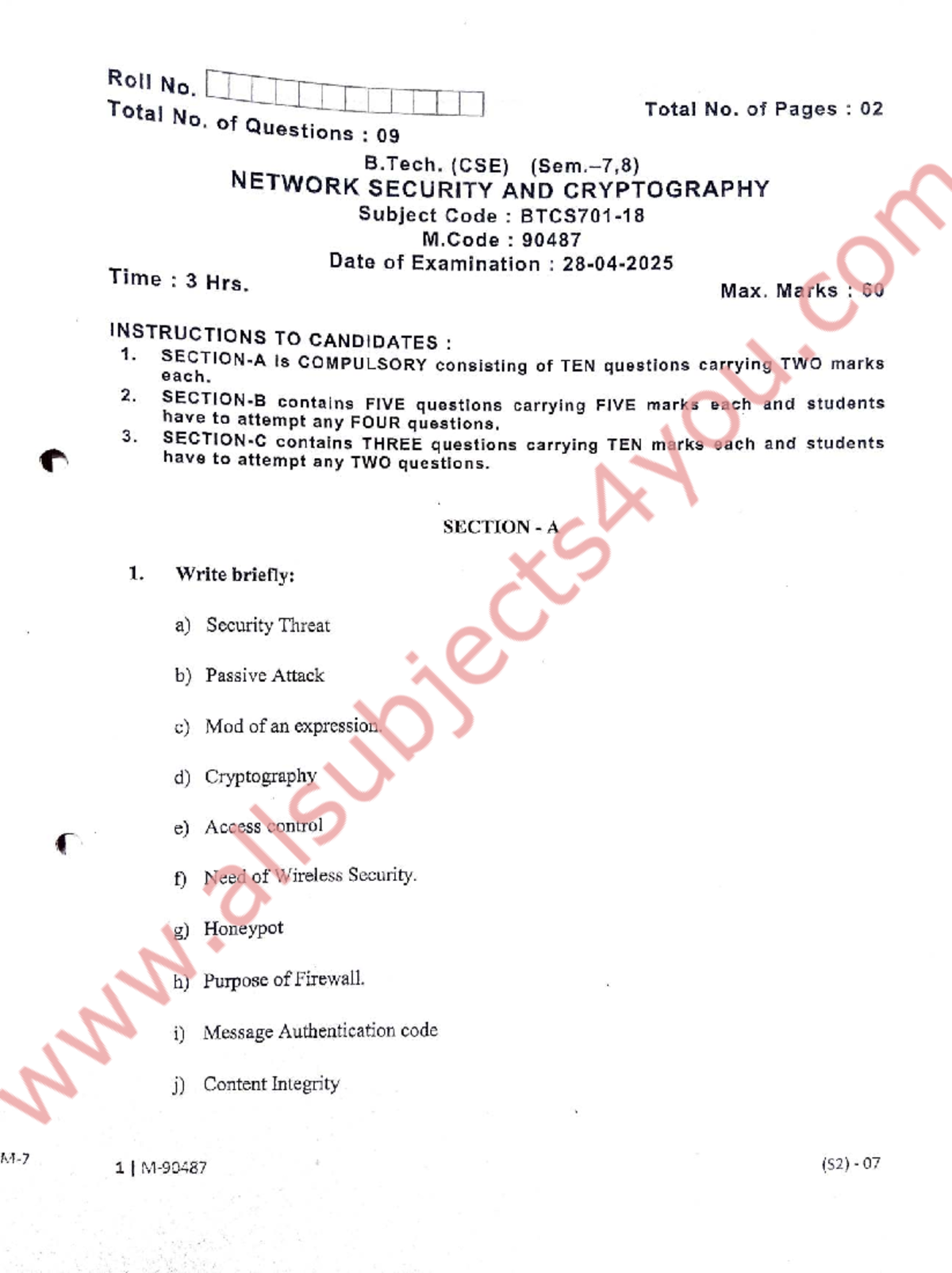 B.Tech 7th Sem 8 BTCS 701 Network Security & Cryptography Exam Guide ...