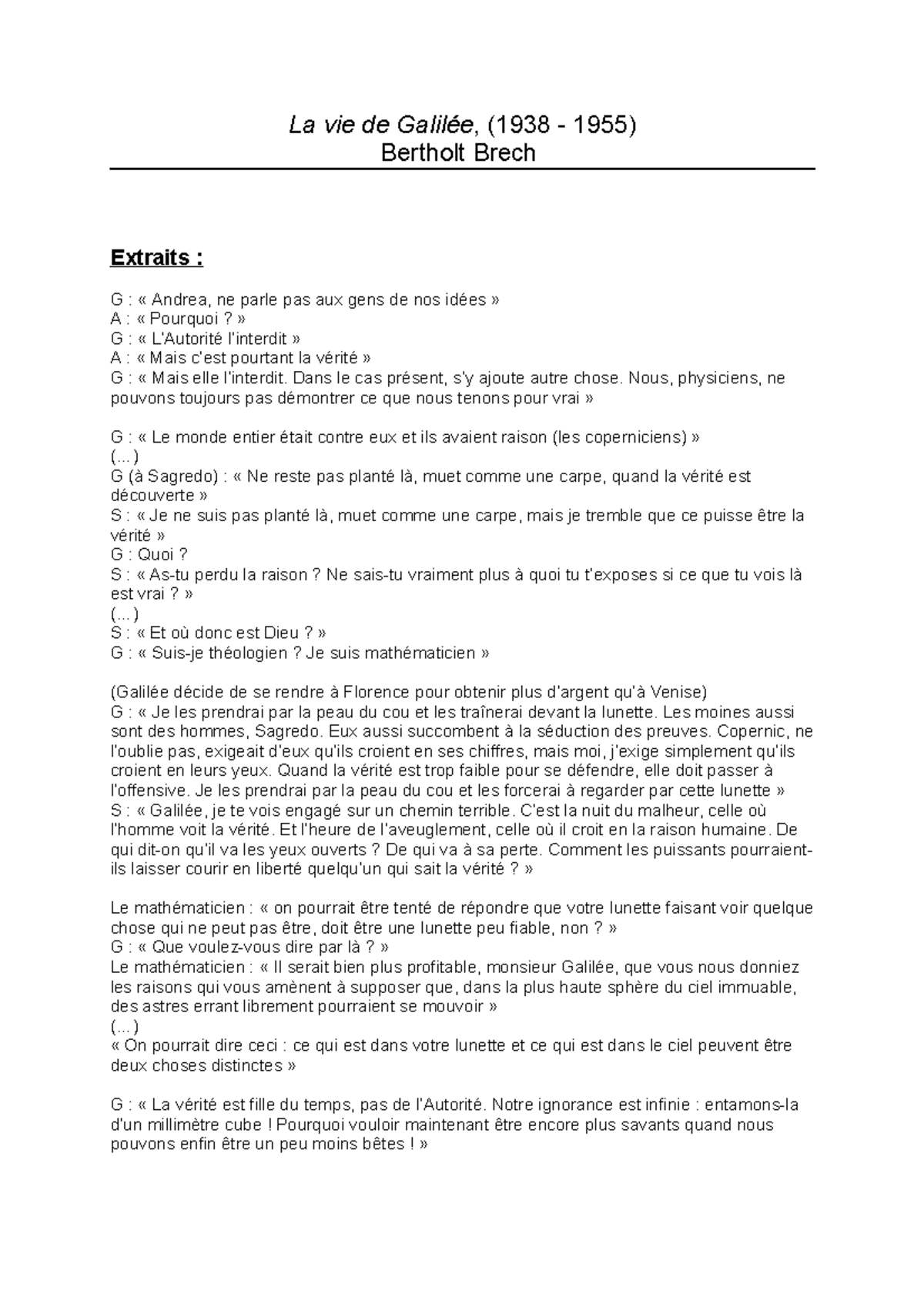La vie de Galilée - La vie de Galilée, (1938 - 1955) Bertholt Brech ...