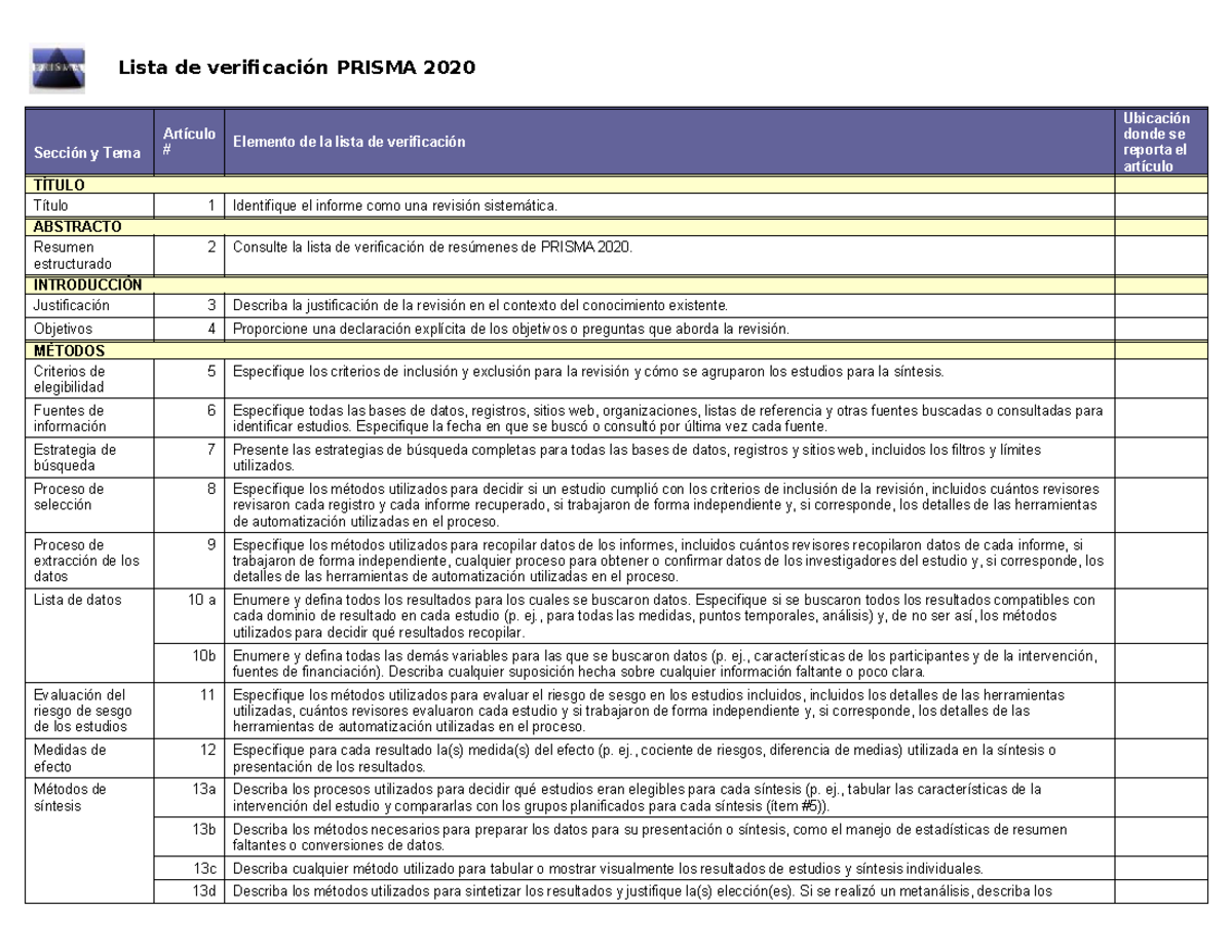 Checklist PRISMA 2020 en Español: Guía y Elementos Clave - Studocu
