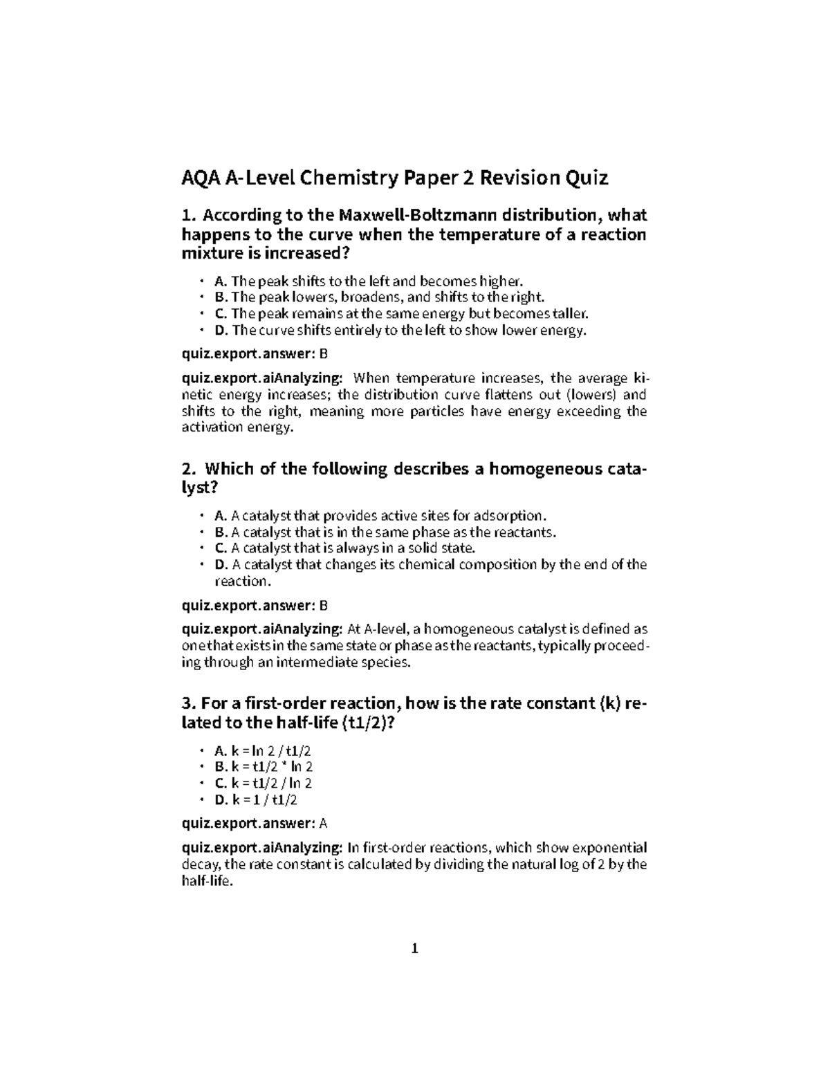 AQA A-Level Chemistry Paper 2 Revision Quiz: Key Concepts and Questions ...