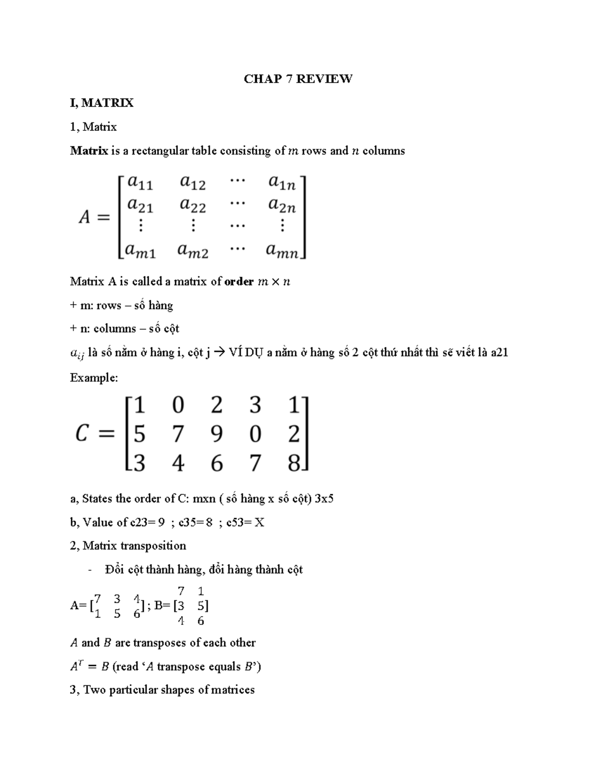 CHAP 7 REVIEW I: MATRIX Concepts and Operations - Studocu