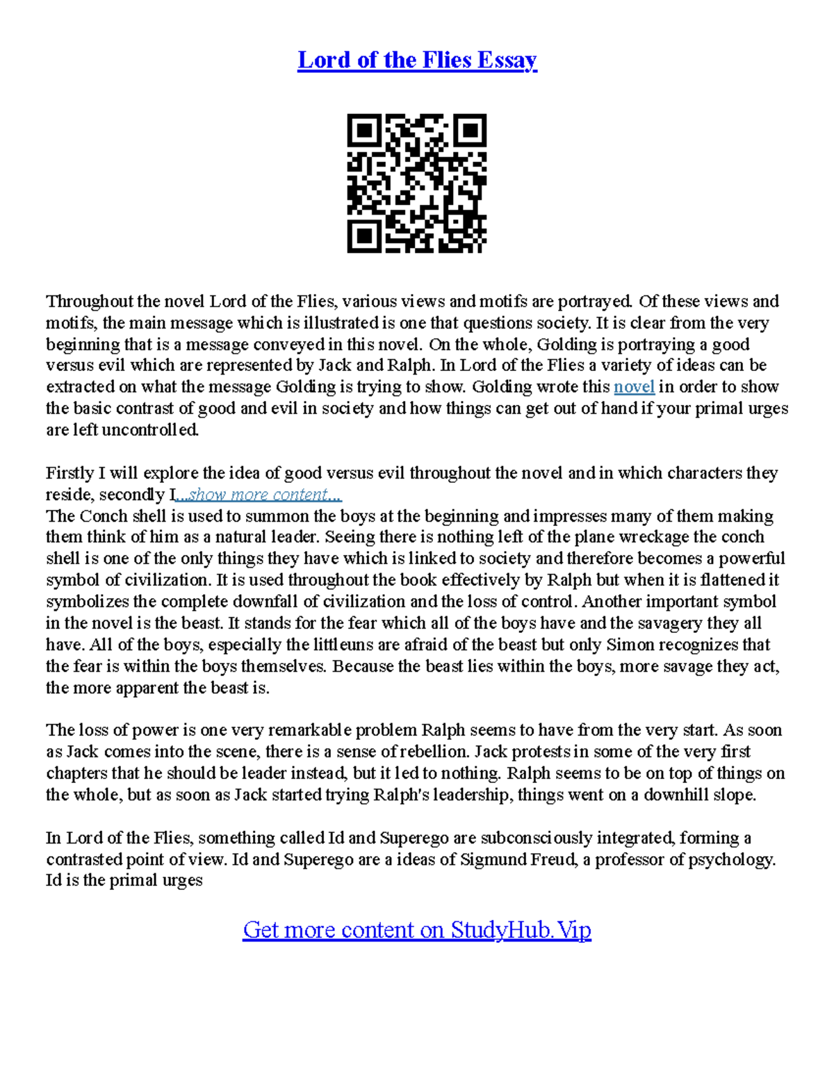 Lord Of The Flies Essay Analysis: Society, Good vs Evil Themes - Studocu