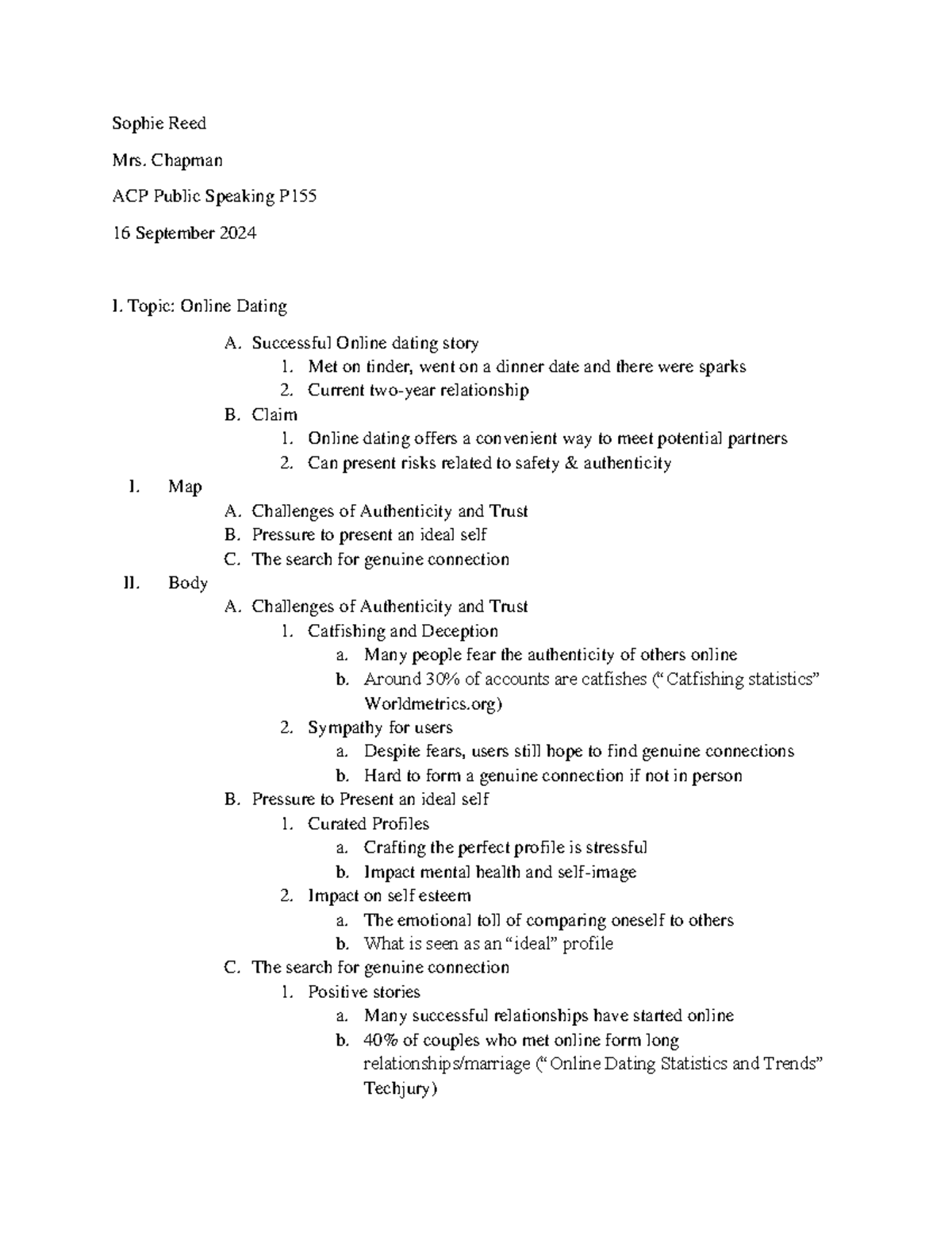 Full Outline for Online Dating Speech - ACP Public Speaking P155 - Studocu