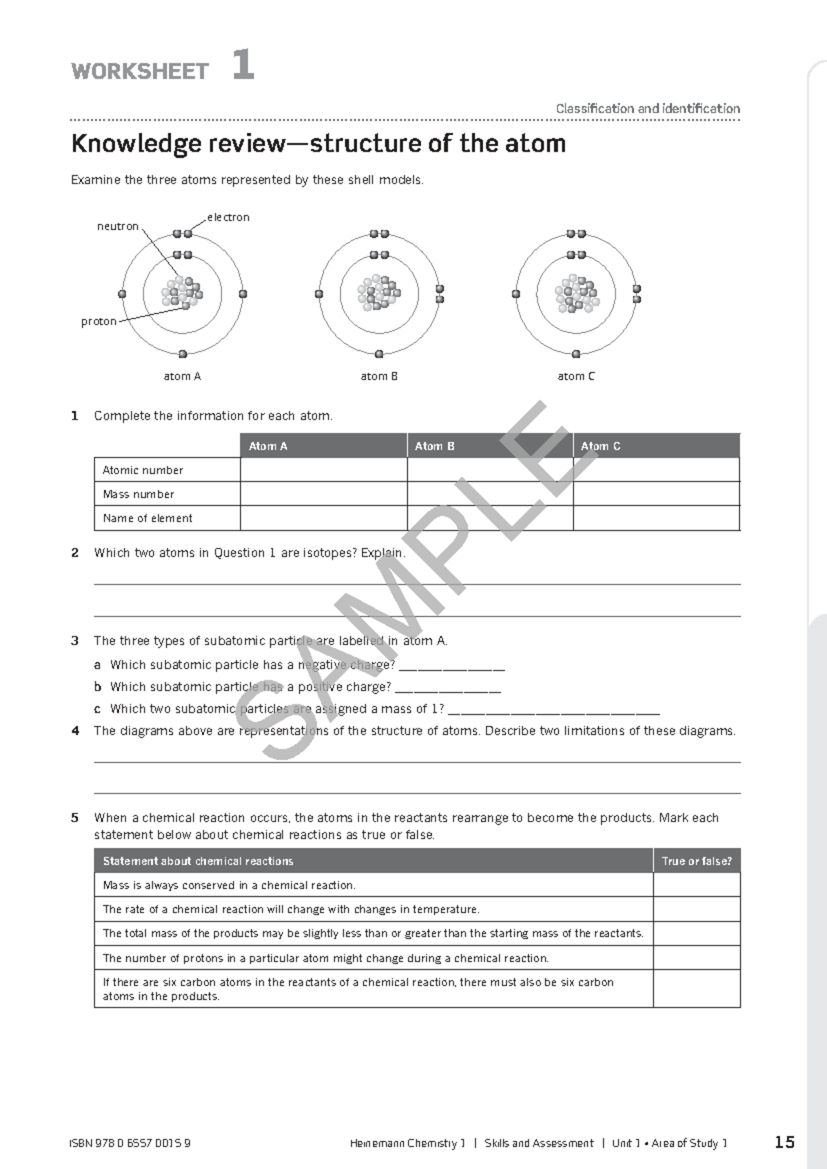 Chemistry 1: Workbook WS1 - Structure of Atoms & Chemical Reactions ...