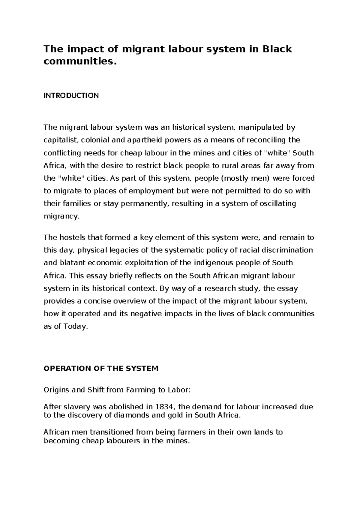The impact of the migrant labour system on black communities in South ...