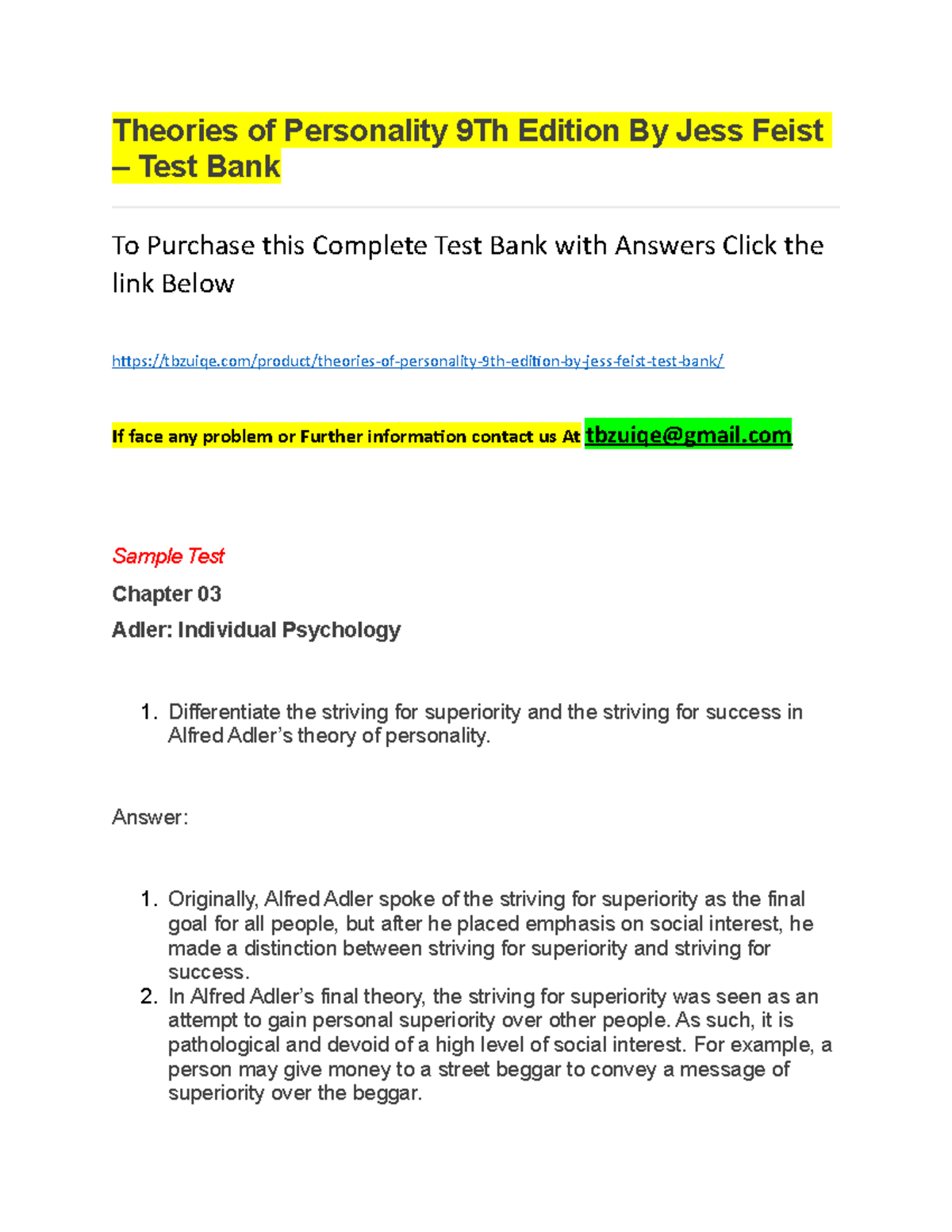 Test Bank for Theories of Personality 9th Edition by Jess Feist - Studocu
