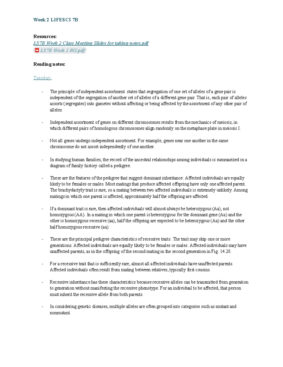 LIFESCI 7B Week 2 Lecture Notes on Genetic Principles and Pedigrees ...