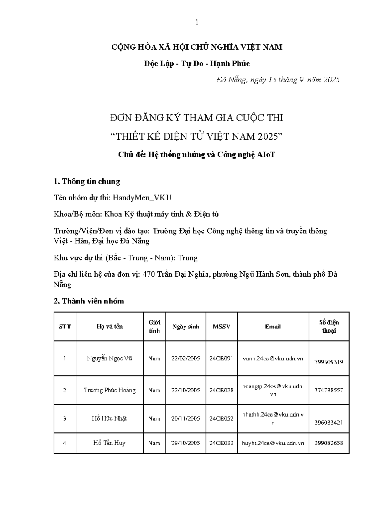 Đơn Đăng Ký Tham Gia Cuộc Thi Kế Điện Tử Việt Nam 2025 - HandyMen_VKU ...