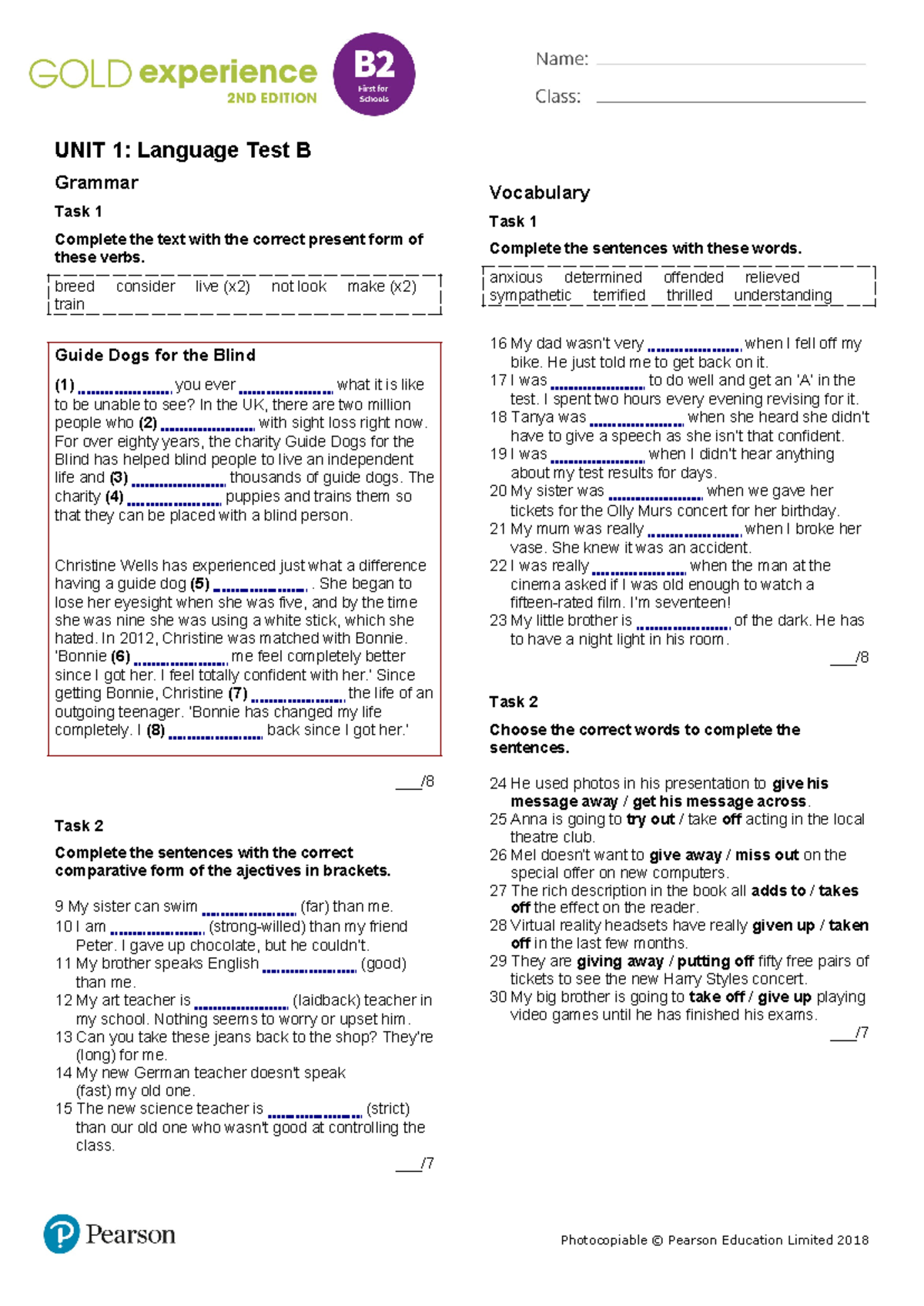 Gold Experience B2 Unit 1 Language Test B - Grammar & Vocabulary - Studocu
