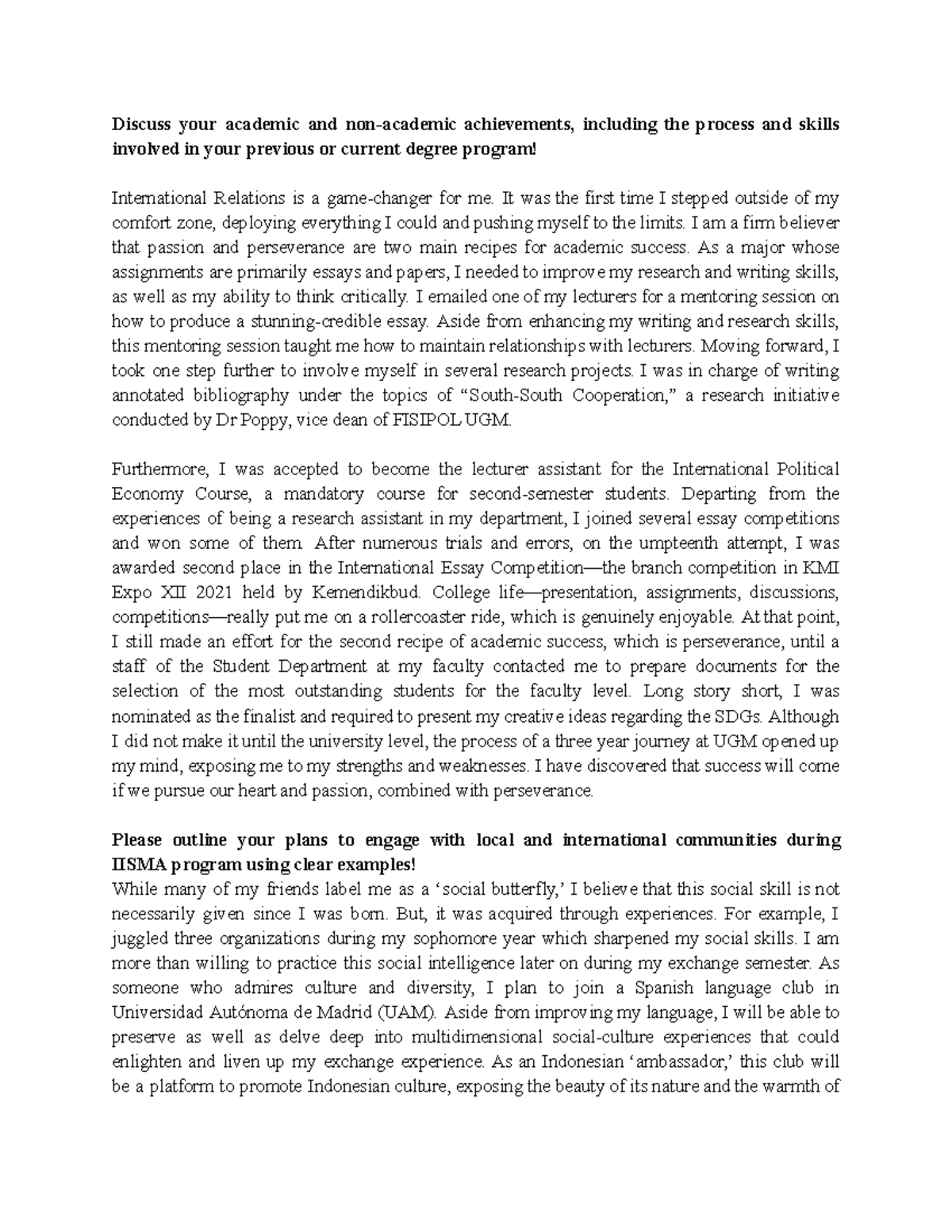 Iisma Essay: Achievements, Challenges, and Community Engagement - Studocu