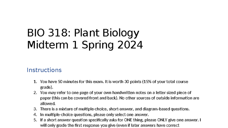 BIO 318: Plant Biology Midterm 1 Answer Key Spring 2024 - Studocu