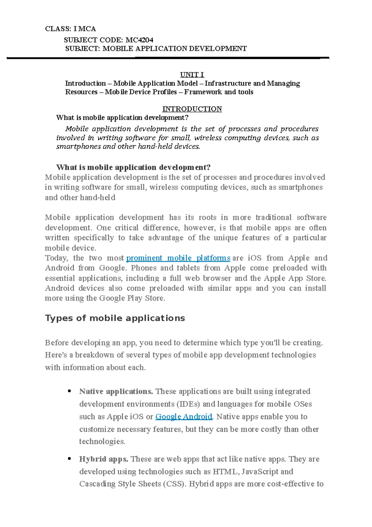 Unit 1 Notes: Introduction to Mobile App Development (MC) - Studocu