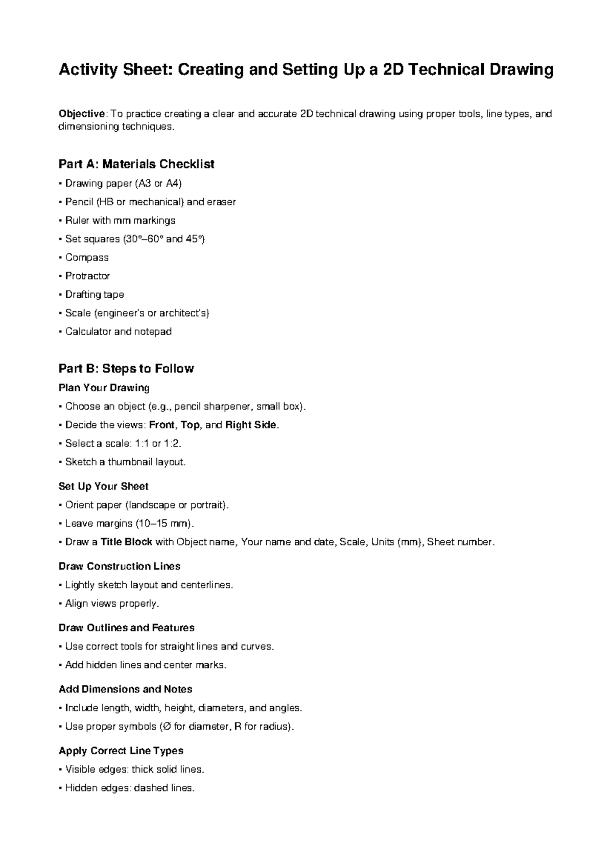 Activity Sheet: 2D Technical Drawing Setup and Practice - Studocu