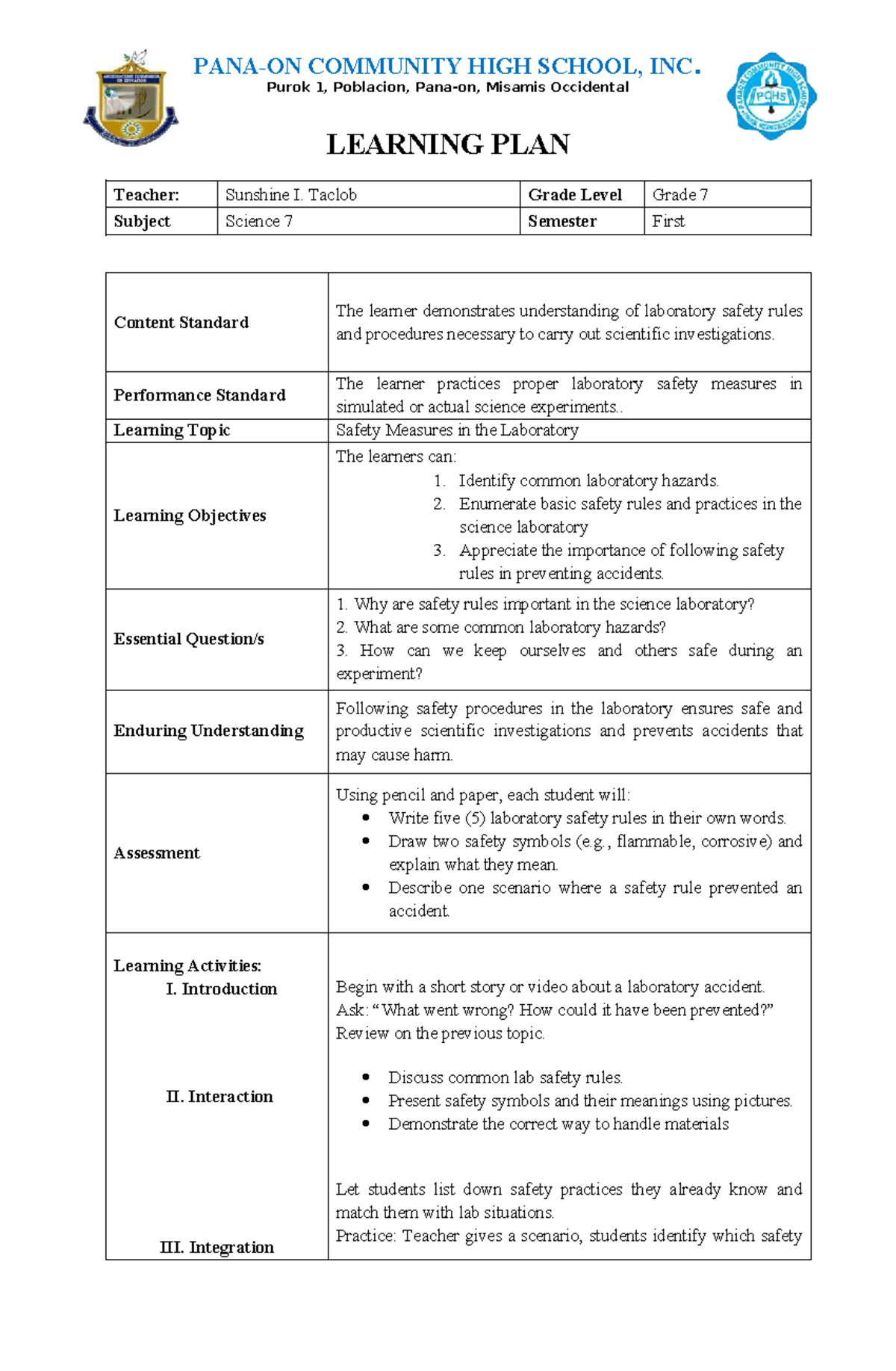Grade 7 Science Learning Plan: Laboratory Safety Rules and Procedures ...