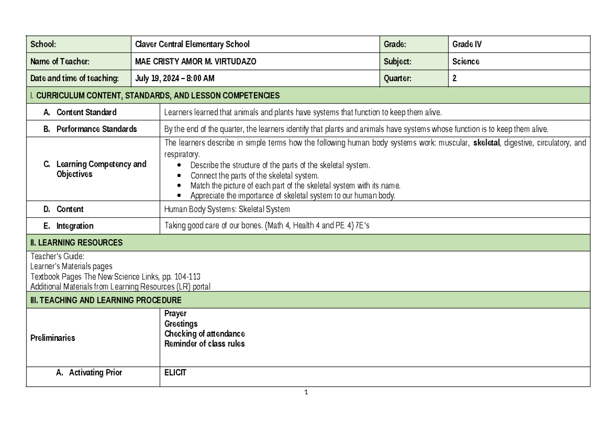 Science 4 Matatag Lesson PLAN SBBT DEMO - School: Claver Central ...