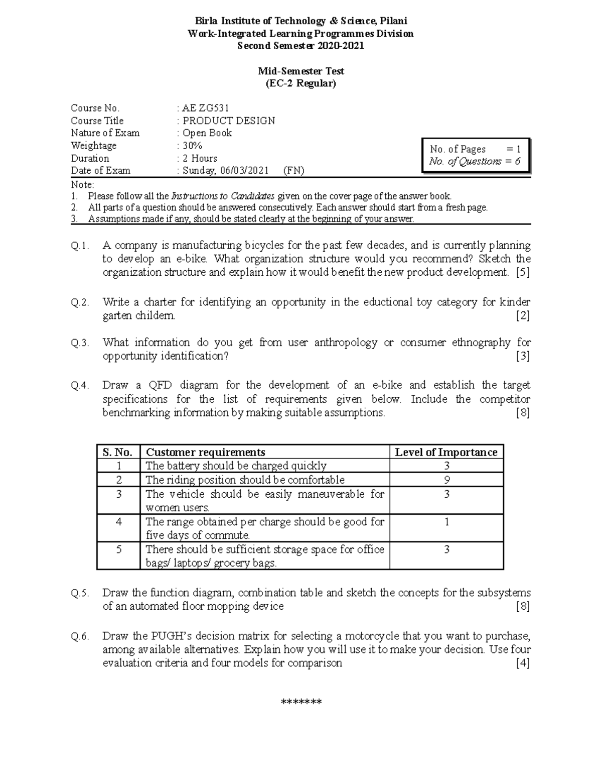 Mid-Sem Exam Paper AE ZG: Product Design 2020-2021 (No Solutions) - Studocu