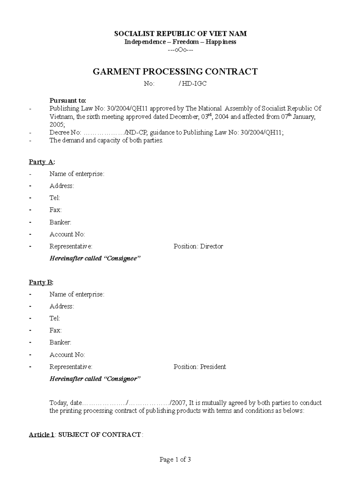 Mau hop dong gia cong garment processing contract tieng anh - SOCIALIST REPUBLIC OF VIET NAM ...