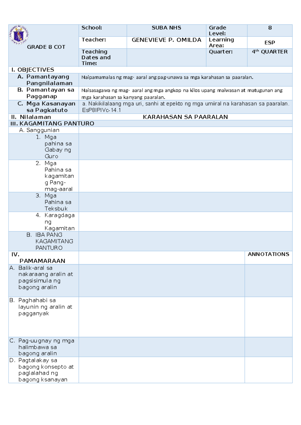 COT ESP 8 Q4 2024-2025 - Daily Lesson Log on School Violence - Studocu