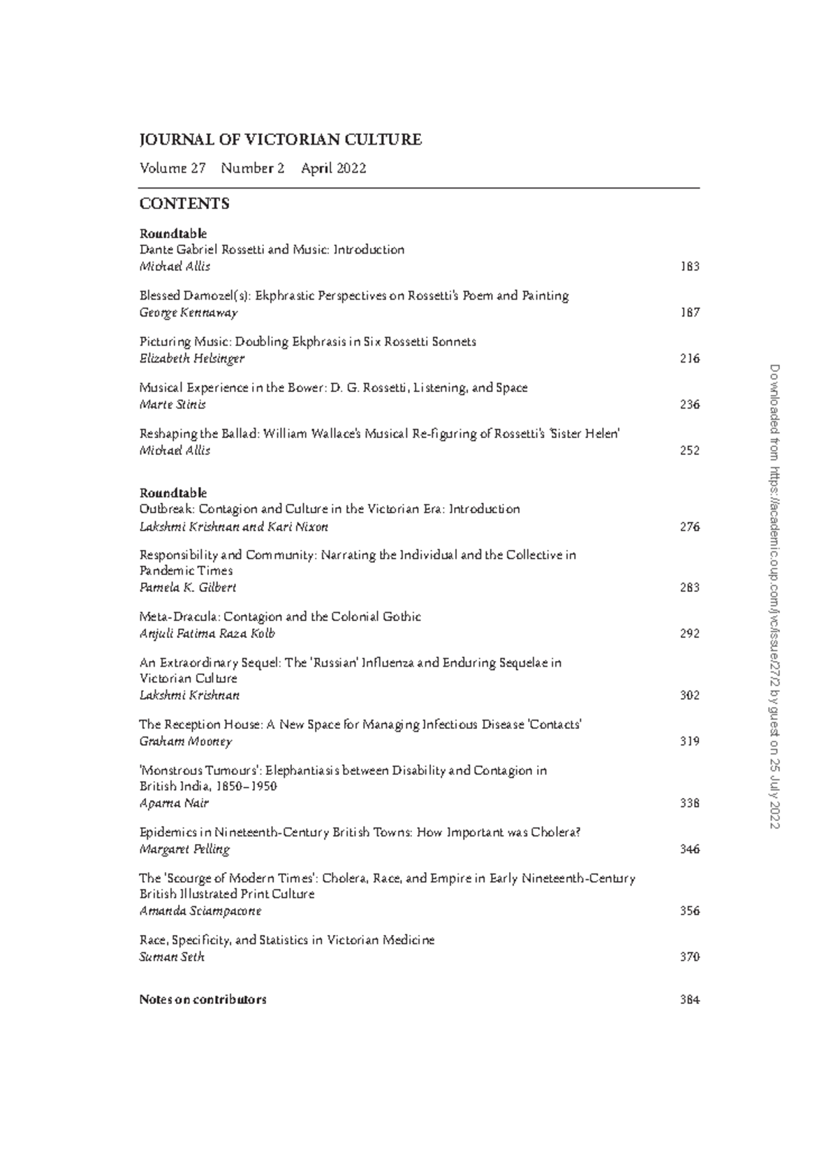 Toc - table of content - JOURNAL OF VICTORIAN CULTURE Volume 27 Number ...