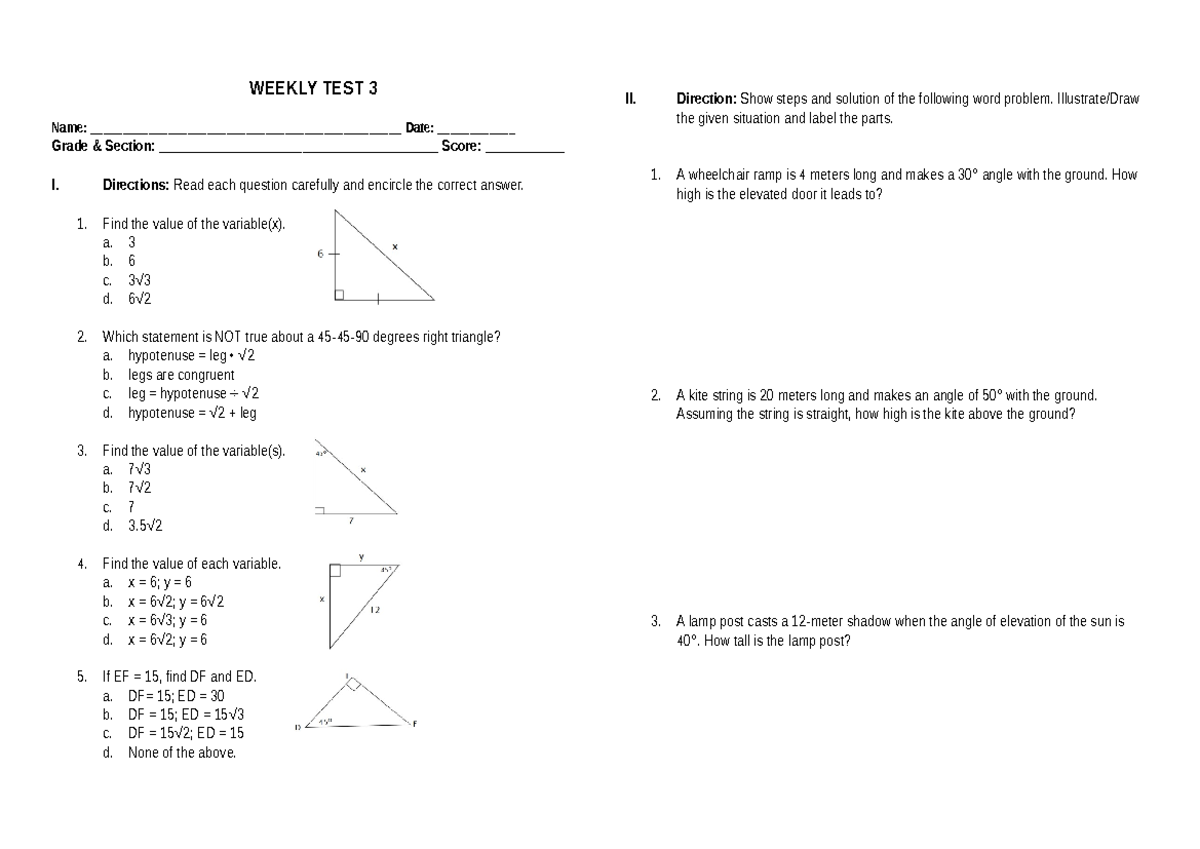 Weekly TEST 3 - for reference - WEEKLY TEST 3 Name