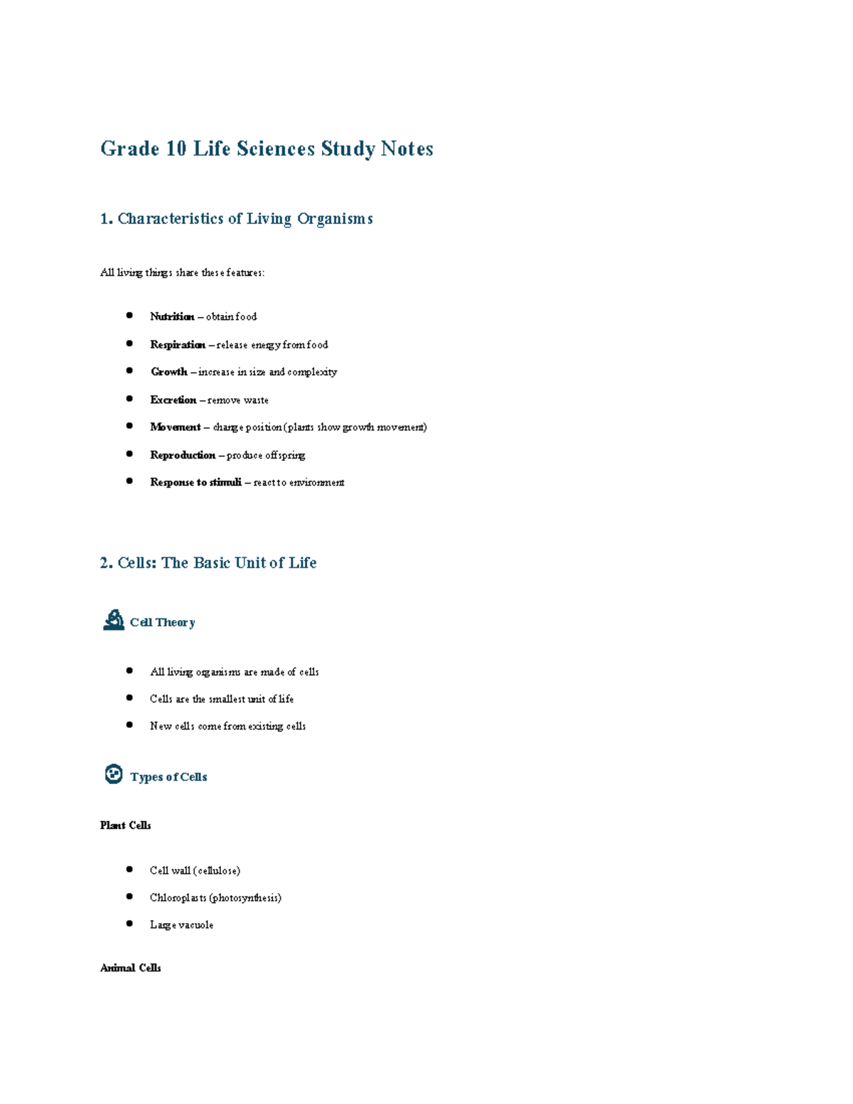 Grade 10 LFSC Study Notes: Characteristics of Life & Cells - Studocu