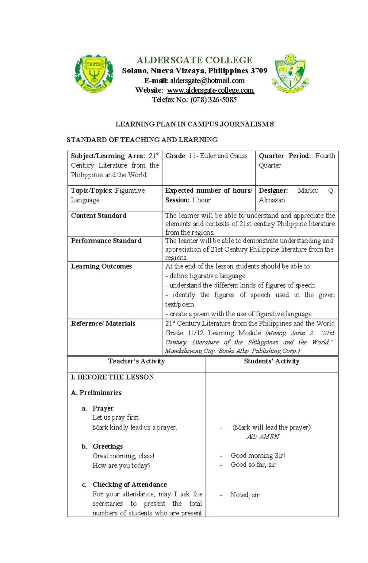 Lessonplan 3 - Lesson plan in final demo - ALDERSGATE COLLEGE Solano ...