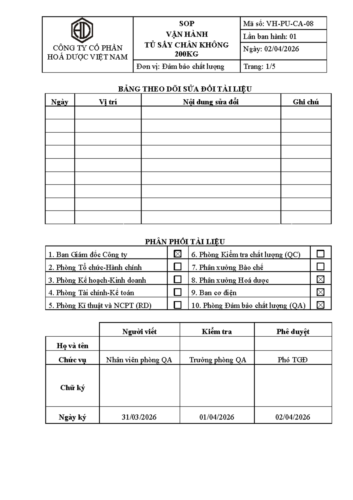 SOP VẬN HÀNH TỦ SẤY CHÂN KHÔNG 200KG - CÔNG TY HOÁ DƯỢC VIỆT NAM - Studocu
