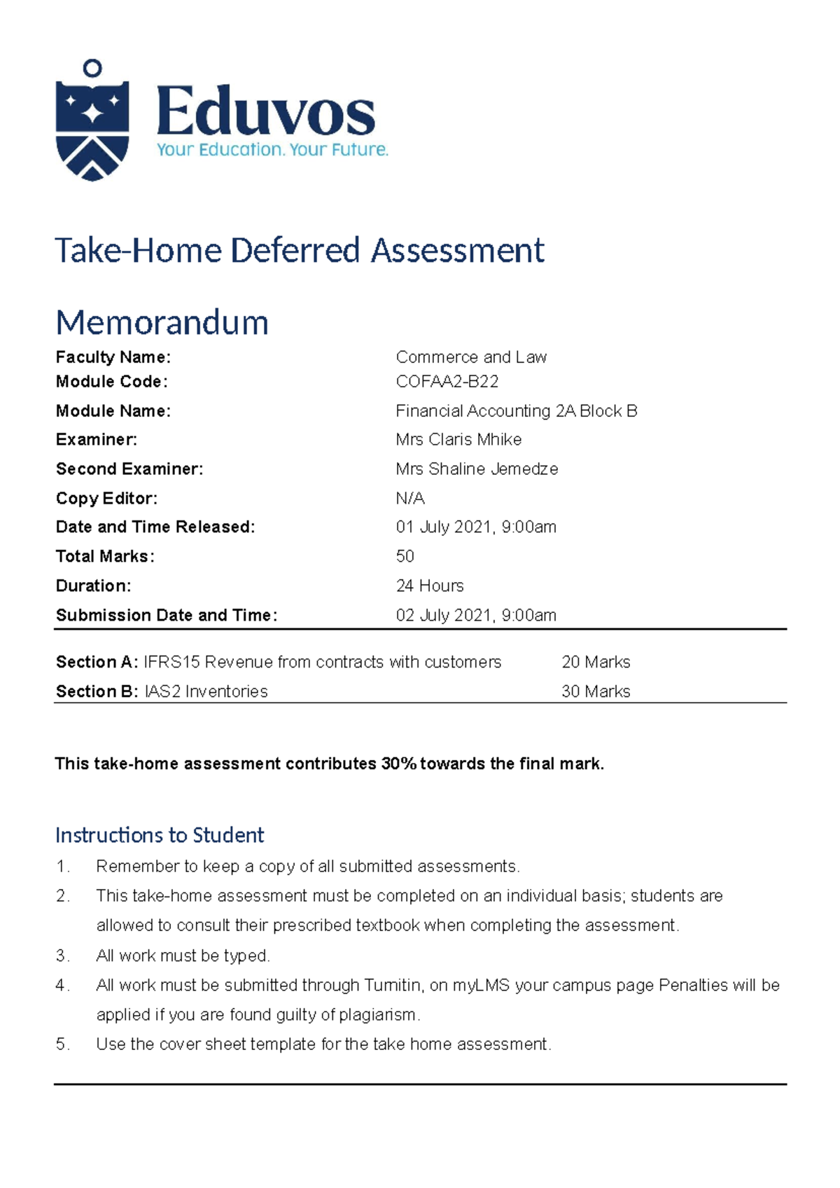 COFAA2-B22 - Deferred Assessment Memo for Financial Accounting 2A - Studocu