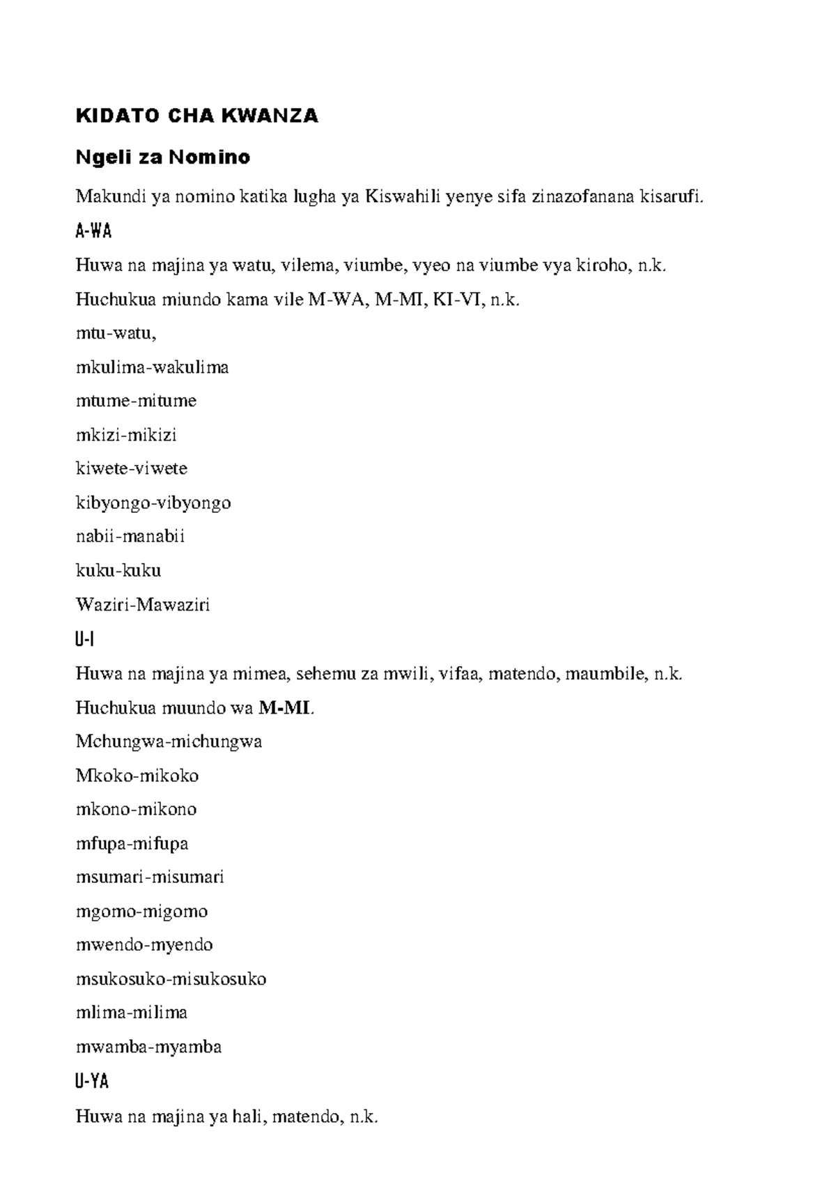 Kidato CHA Kwanza: Ngeli ZA Nomino na Makundi Yake Kwenye Kiswahili - Studocu