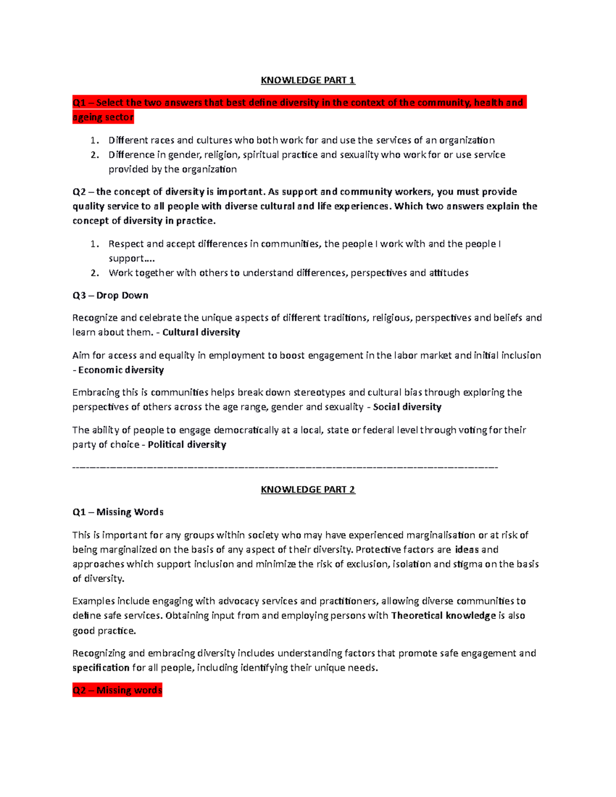 CHCDIV001 Quiz Knowledge Overview: Parts 1-4 Study Guide - Studocu