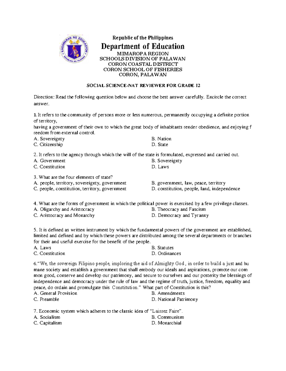 Social Science NAT Reviewer for Grade 12: Exam Practice Questions - Studocu