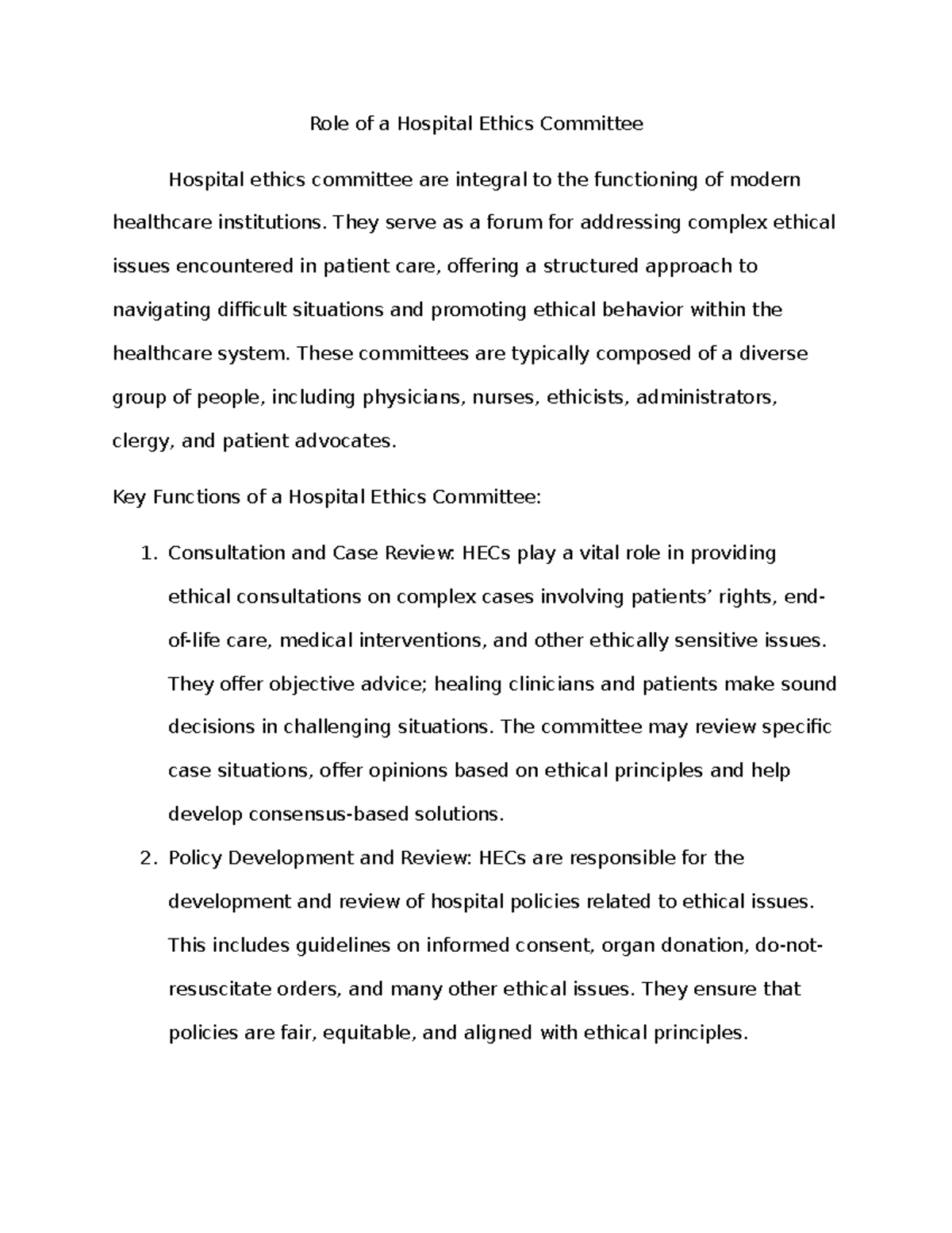 Role of a Hospital Ethics Committee: Importance and Functions - Studocu