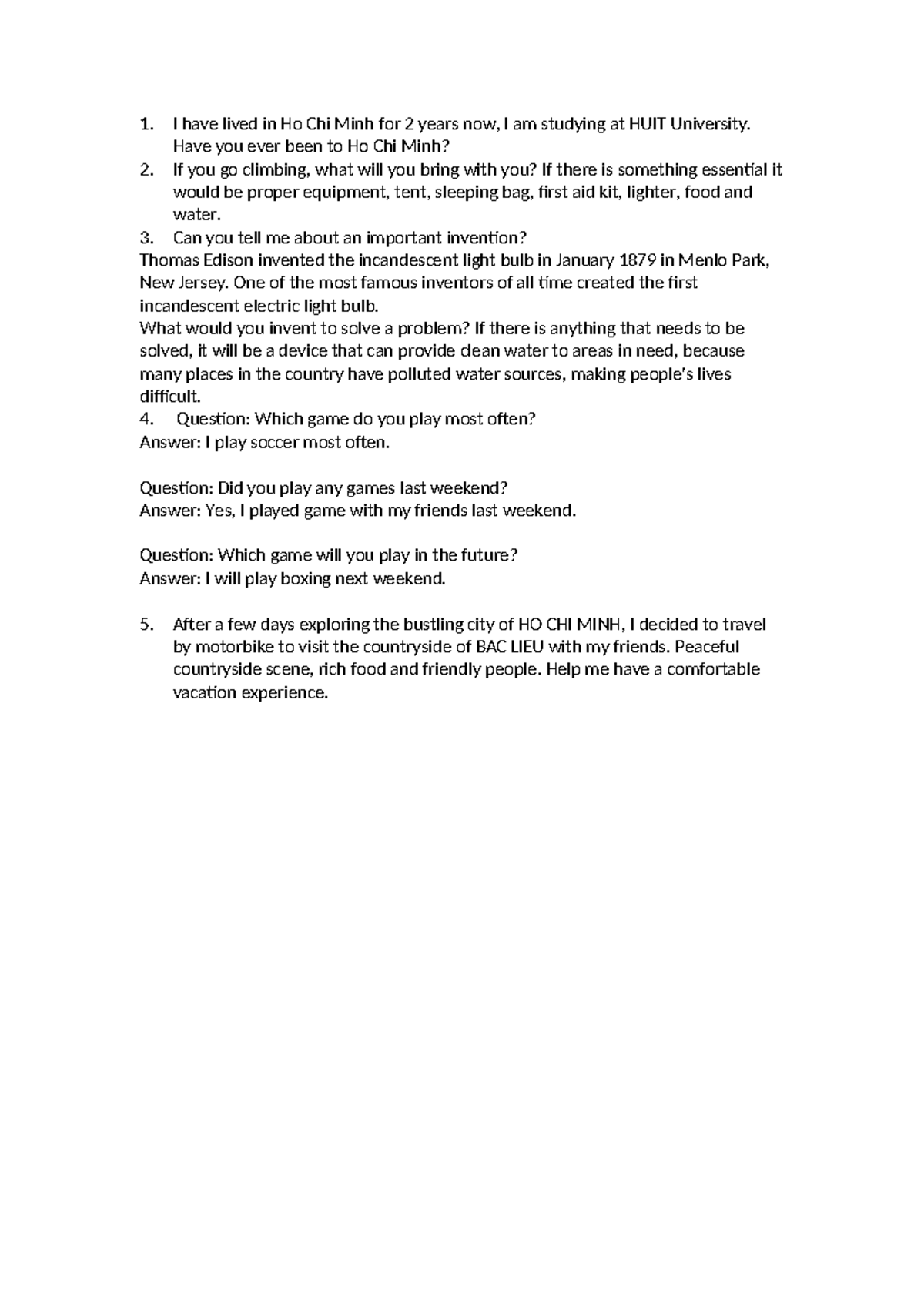 HGGK Speaking Test Notes: Life in Ho Chi Minh & Adventures - Studocu