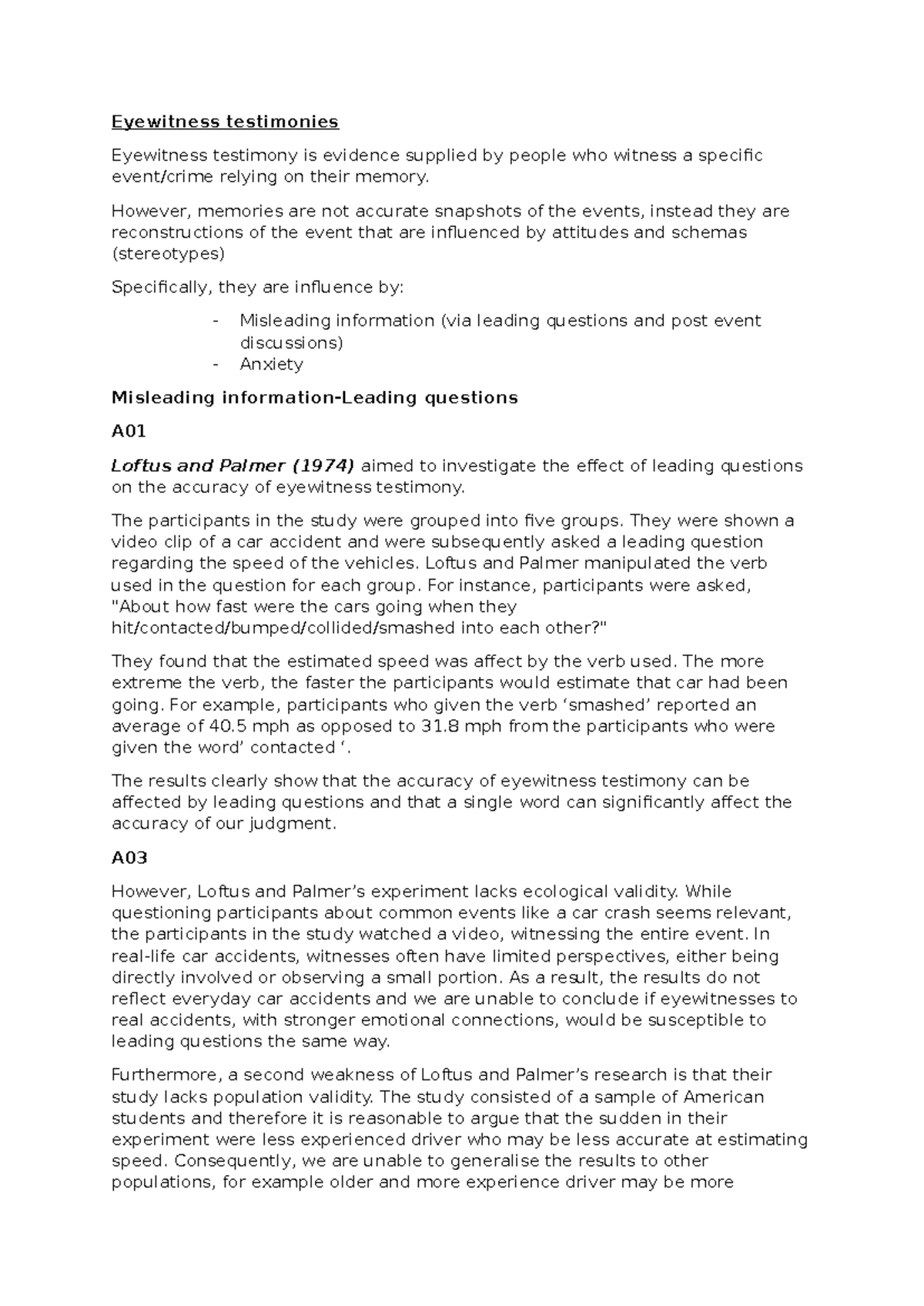 Psychology 101: Eyewitness Testimony and Misleading Information Summary ...