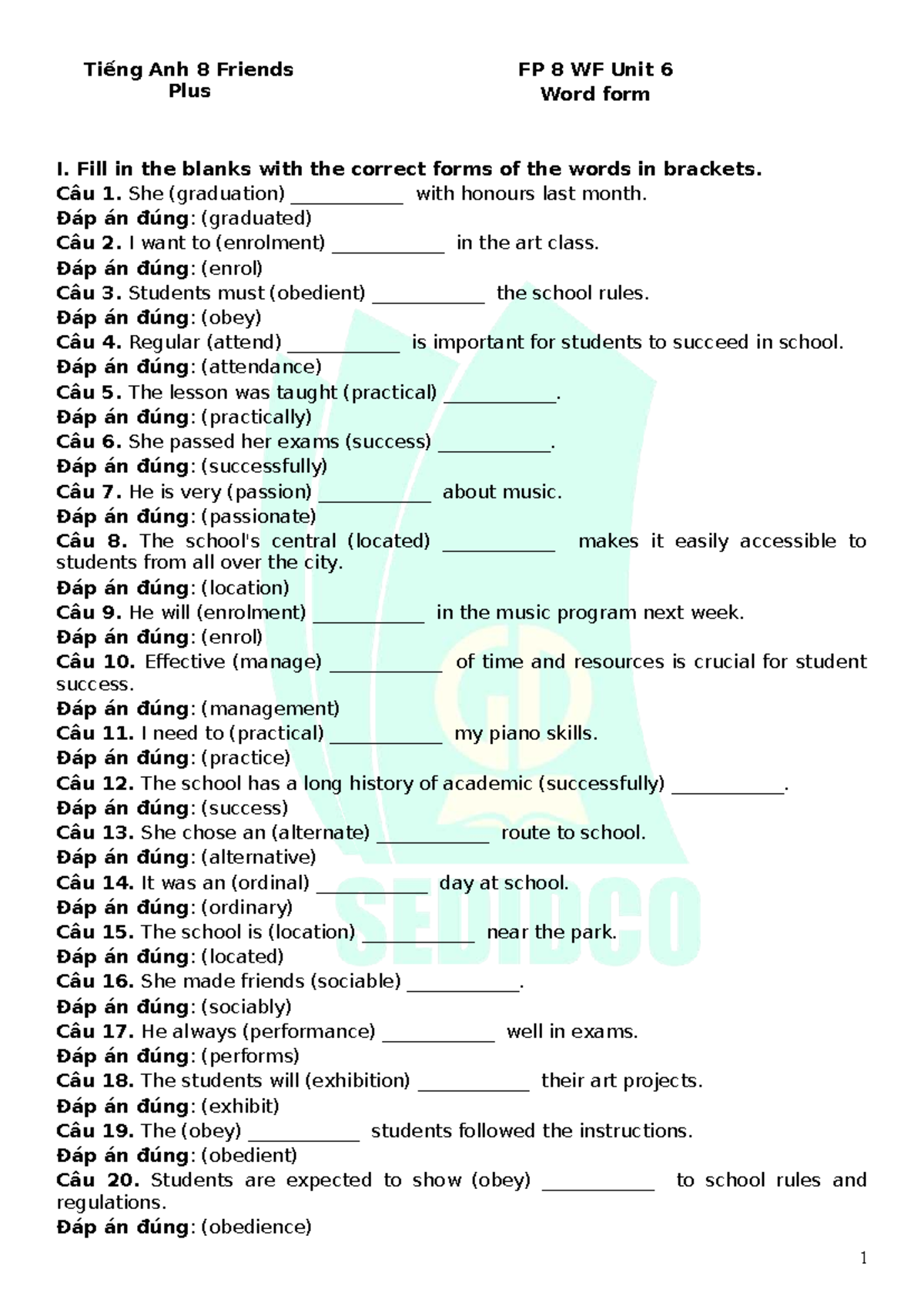 Tiếng Anh 8 Friends Plus FP 8 WF Unit 6 Word Form Key - Studocu