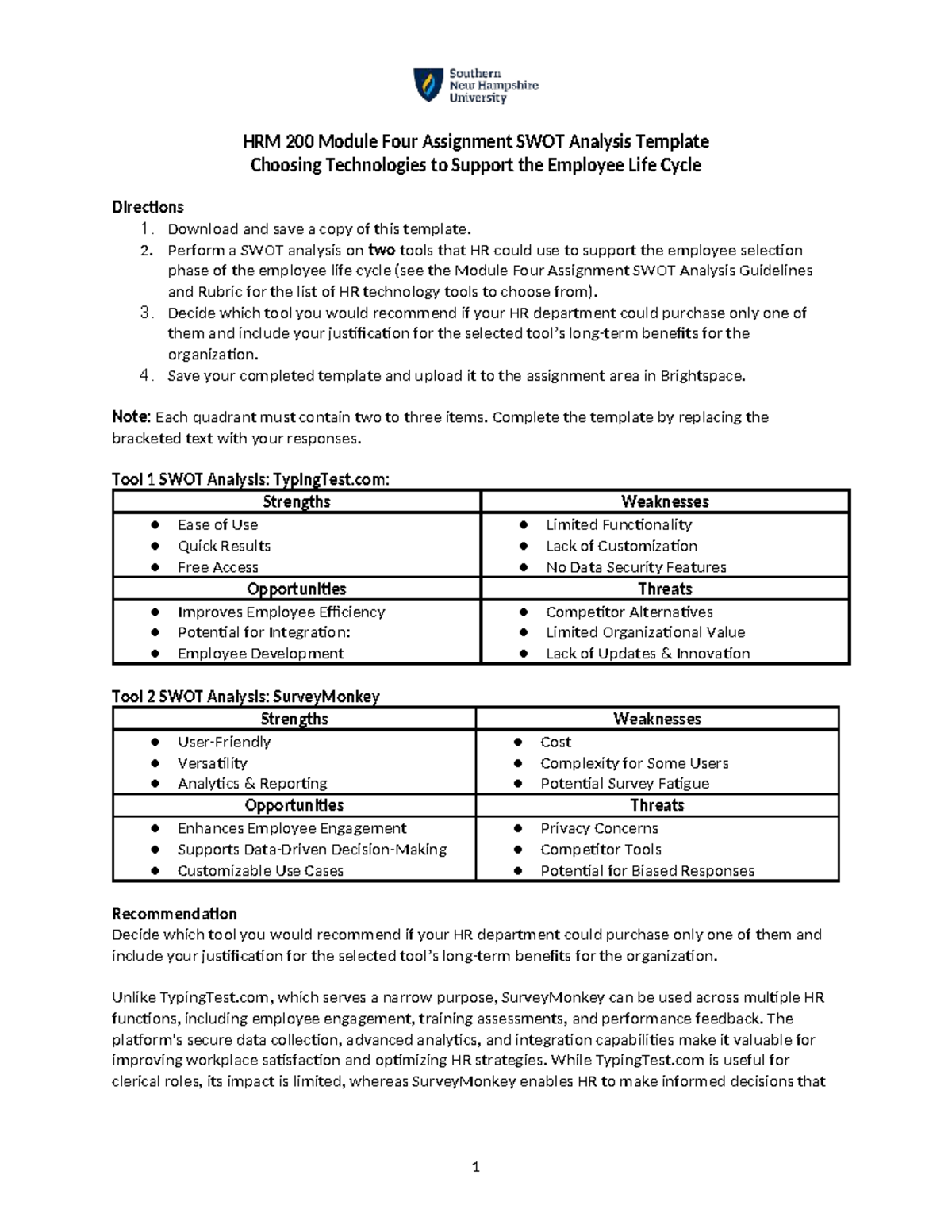 HRM 200: SWOT Analysis of HR Tools - TypingTest vs. SurveyMonkey - Studocu