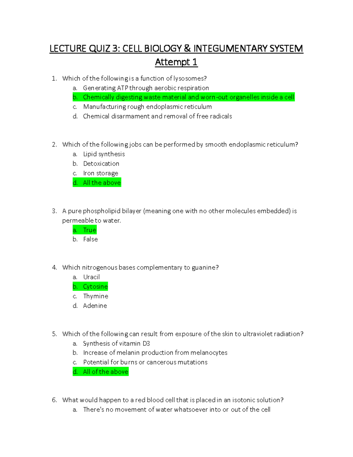 Quiz 3: Cell Biology & Integumentary System (BIOL109) - Studocu