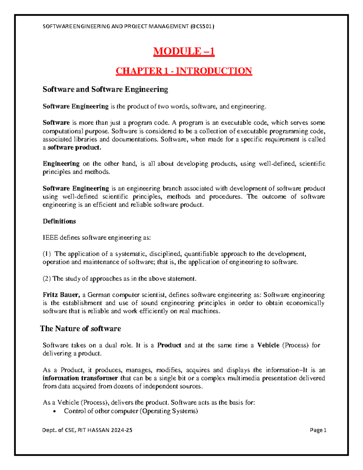 SOFTWARE ENGINEERING AND PROJECT MANAGEMENT (BCS501) CHAPTER 1 NOTES ...