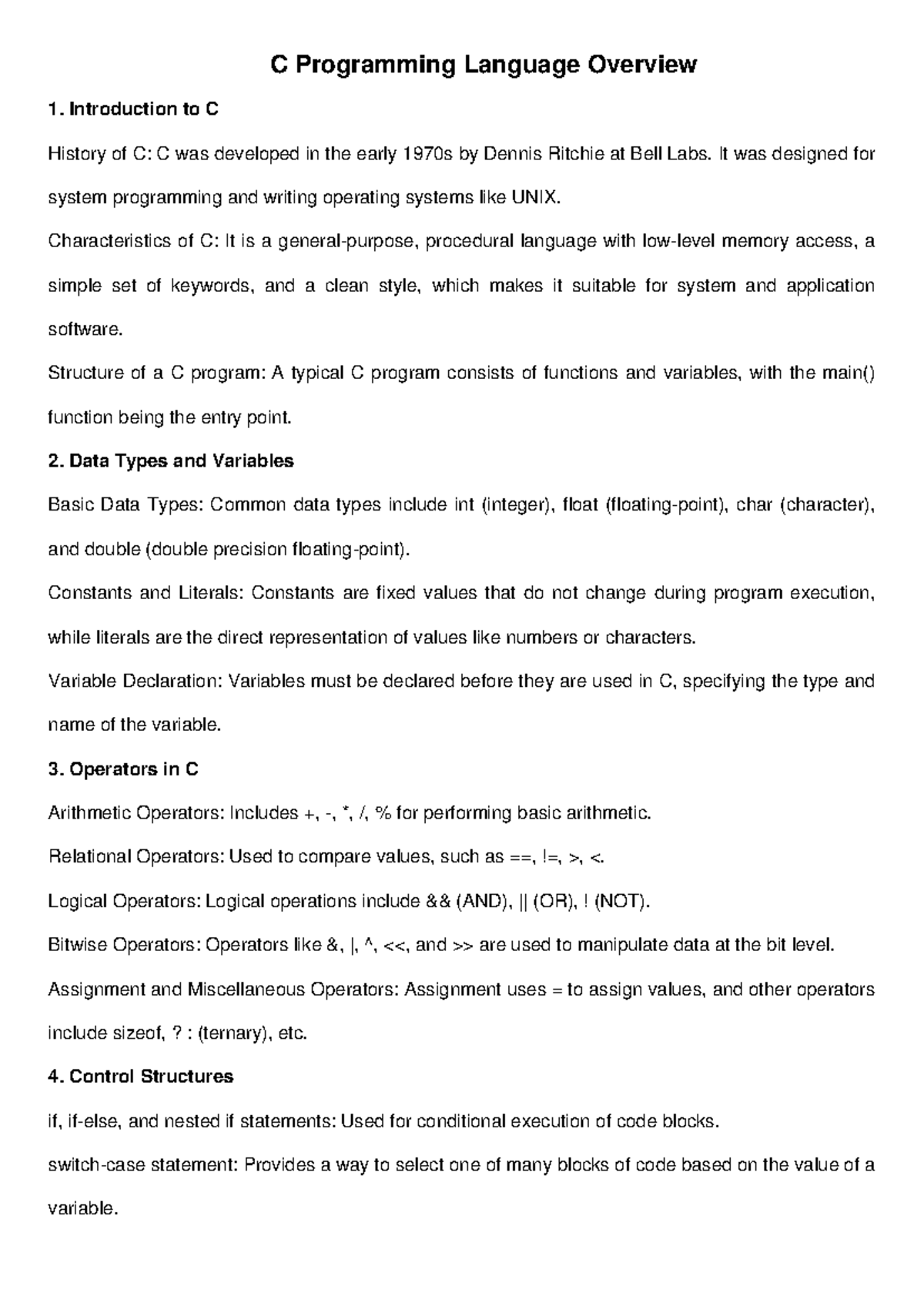 C Programming Language Overview: Key Concepts and Structures - Studocu
